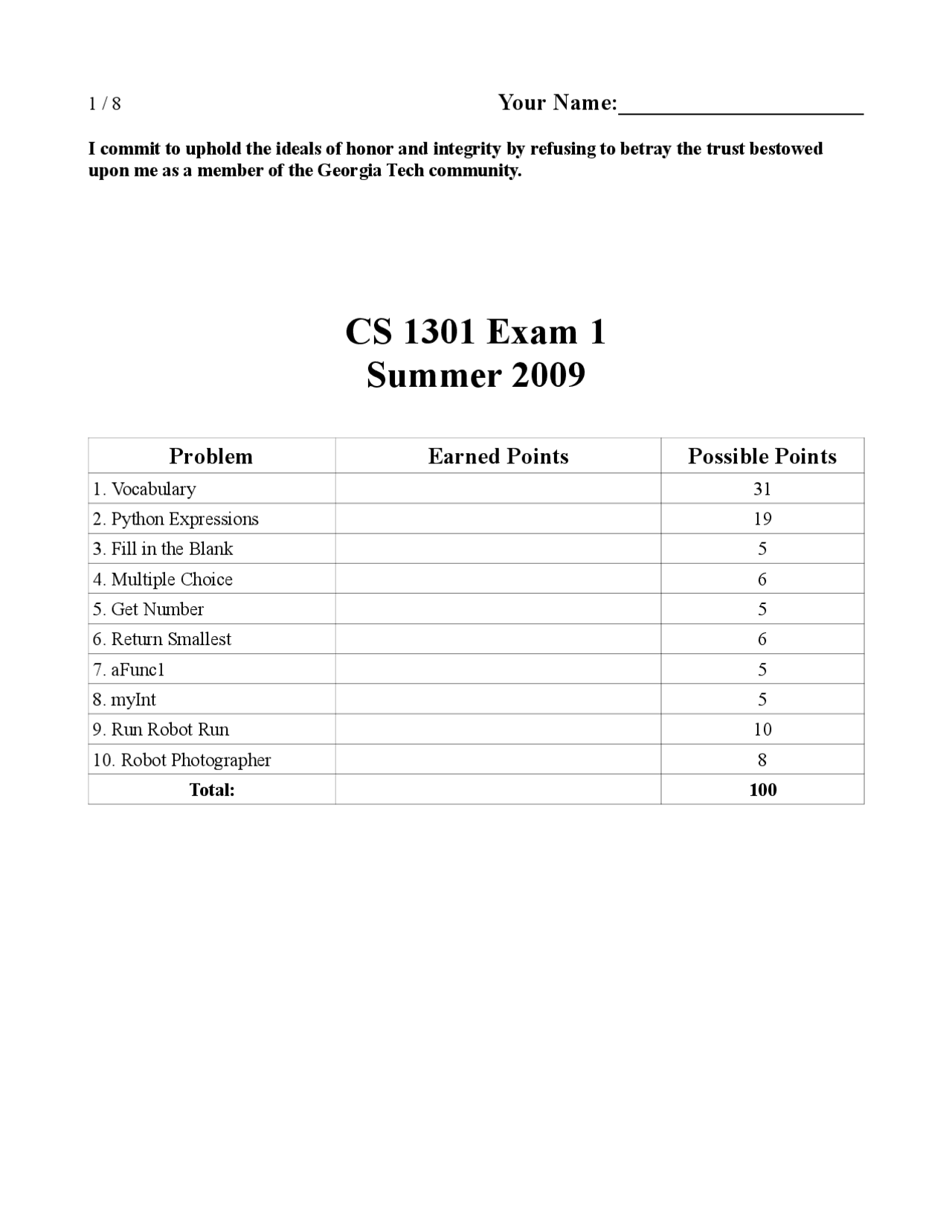 Practice Exam 1 - Introduction to Computing | CS 1301 - Docsity