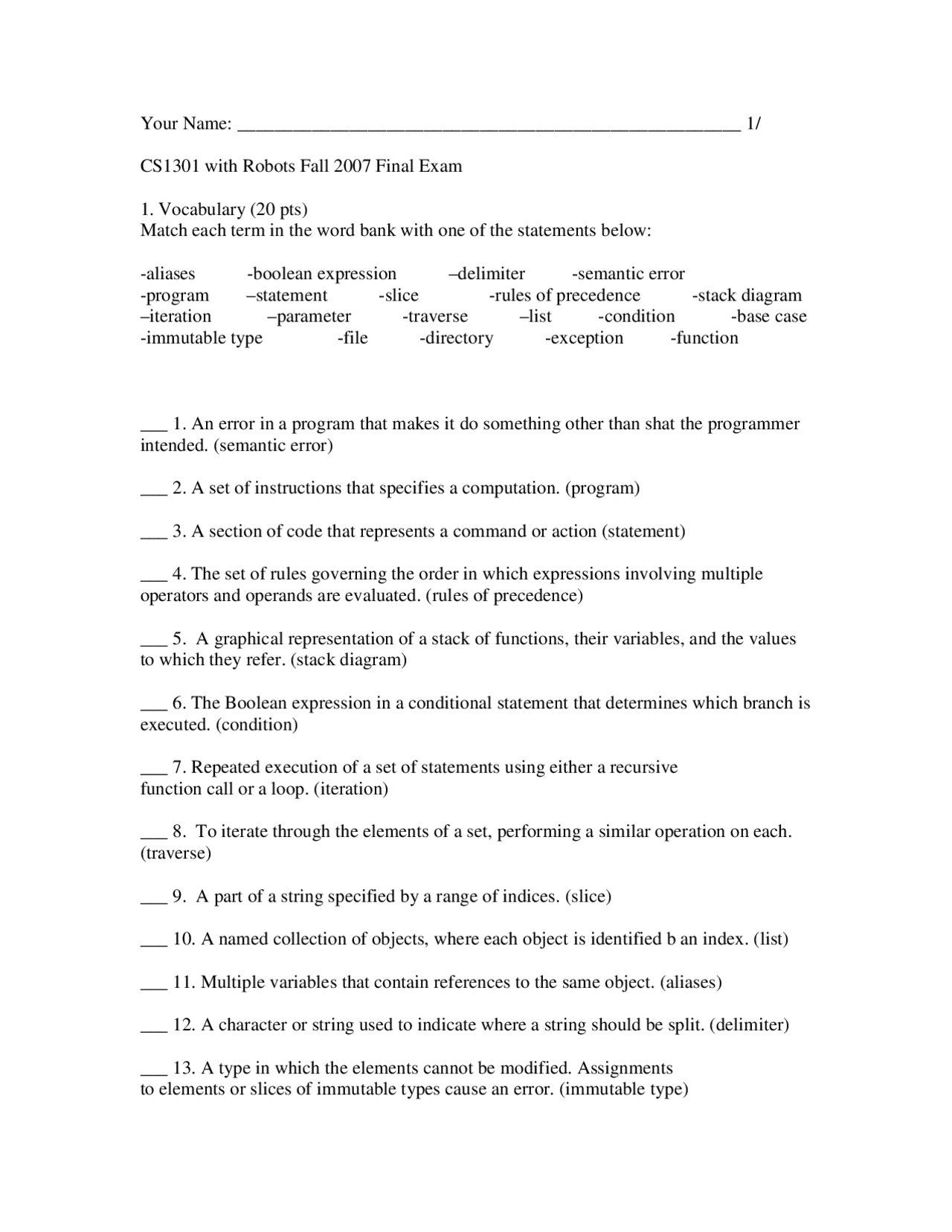 Final Examination Questions Introduction To Computing Cs 1301 Docsity