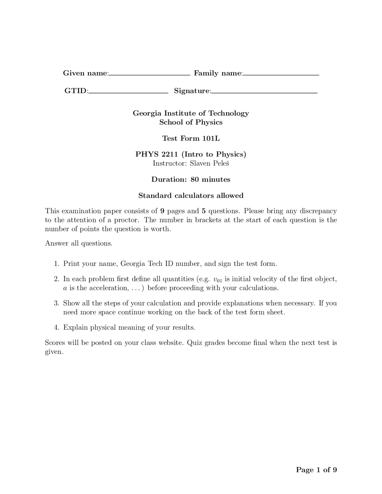 Solutions to Final Exam for Introduction to Physics I | PHYS 2211 ...