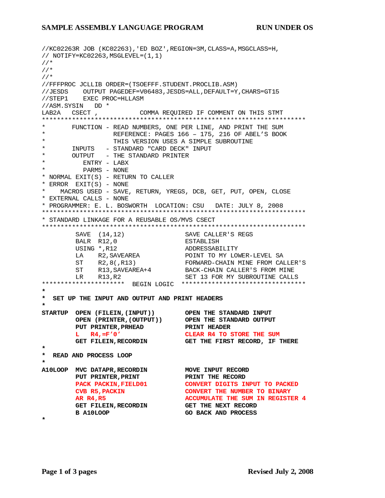 Sample Assembly Language Program For Lab 2 Cpsc 3121 Docsity