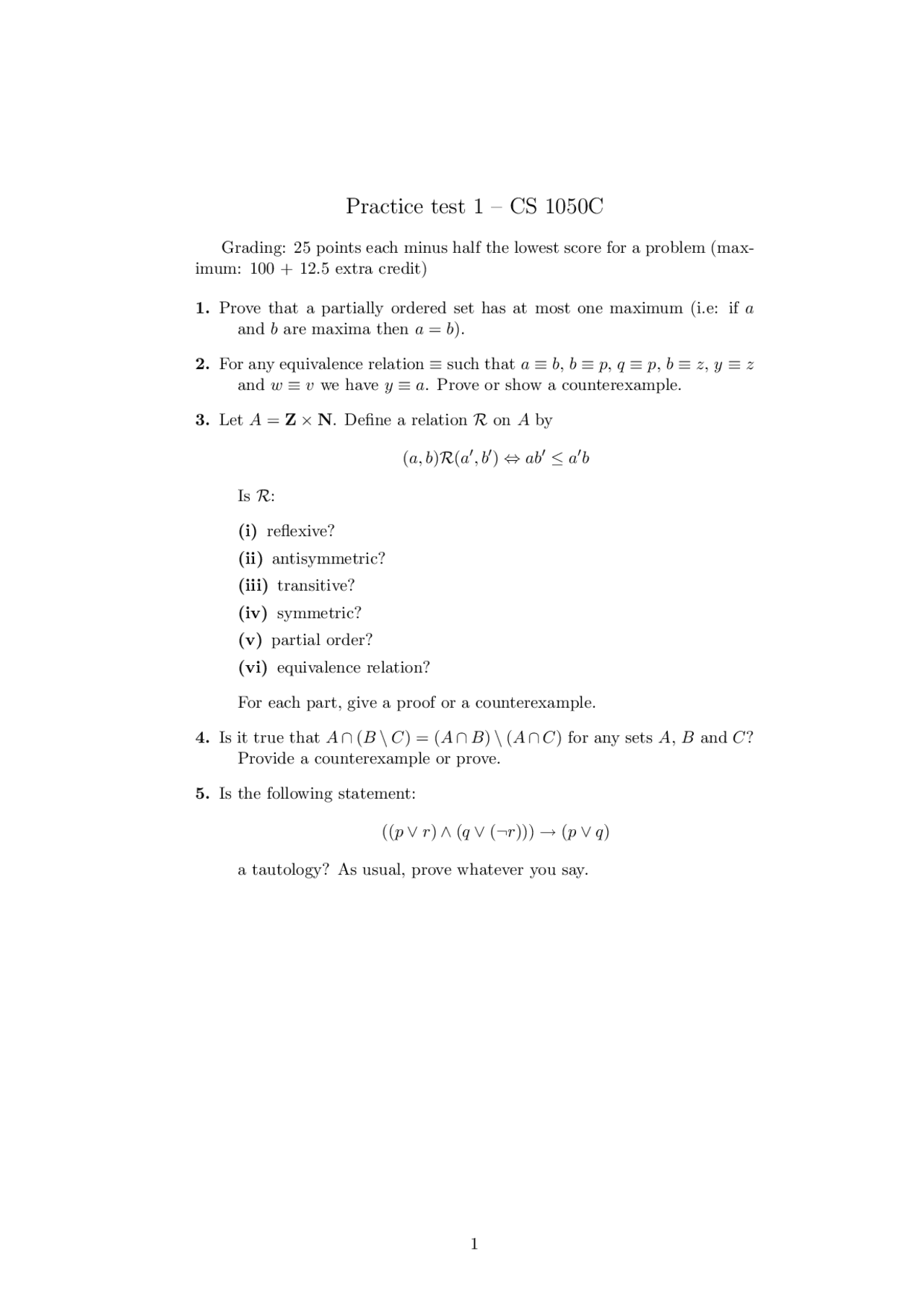 Practice Exam 1 Constructing Proofs Cs 1050 Exams Computer Science Docsity