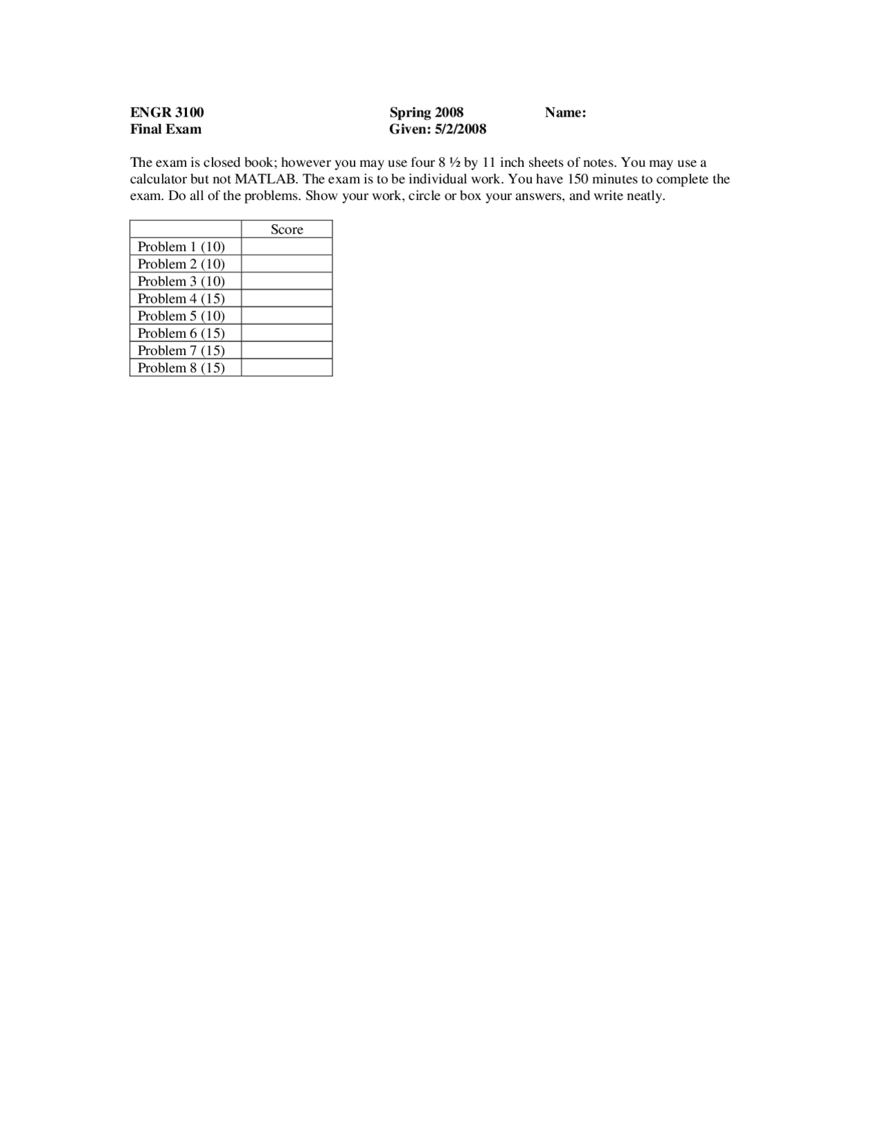 Practice Final Exam Circuit Analysis Engr 3100 Docsity