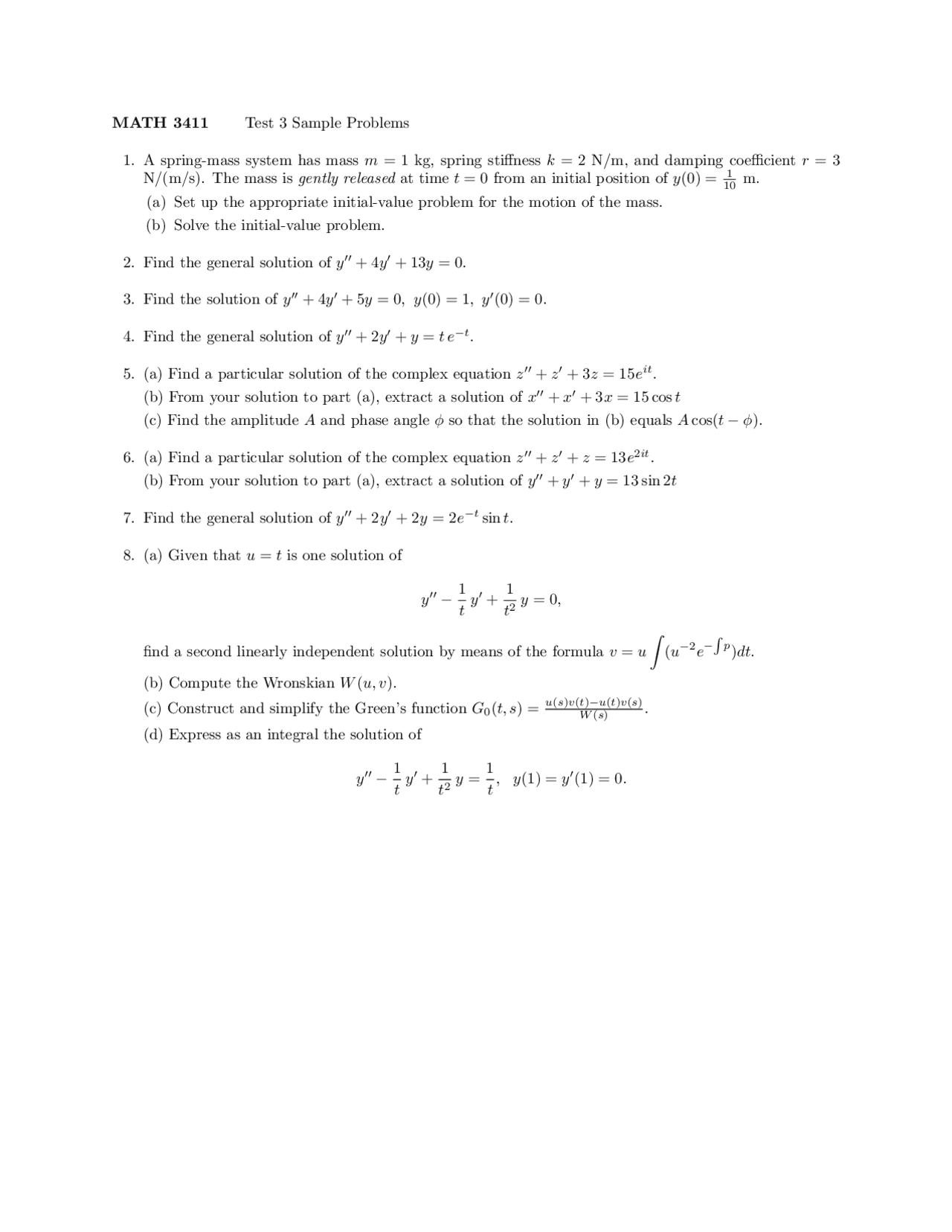 Test 3 Sample Problems - Differential Equation | MATH 3411 - Docsity