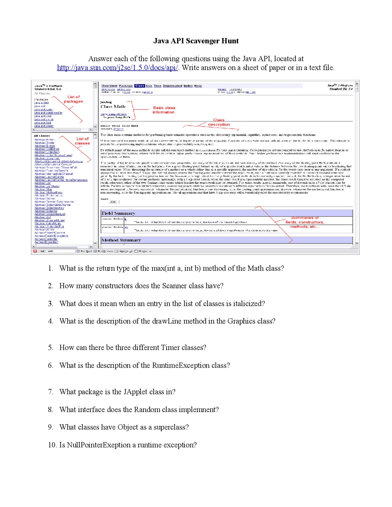 Java Api Scavenger Hunt Introduction Object Oriented Programming Cs 1331 Docsity