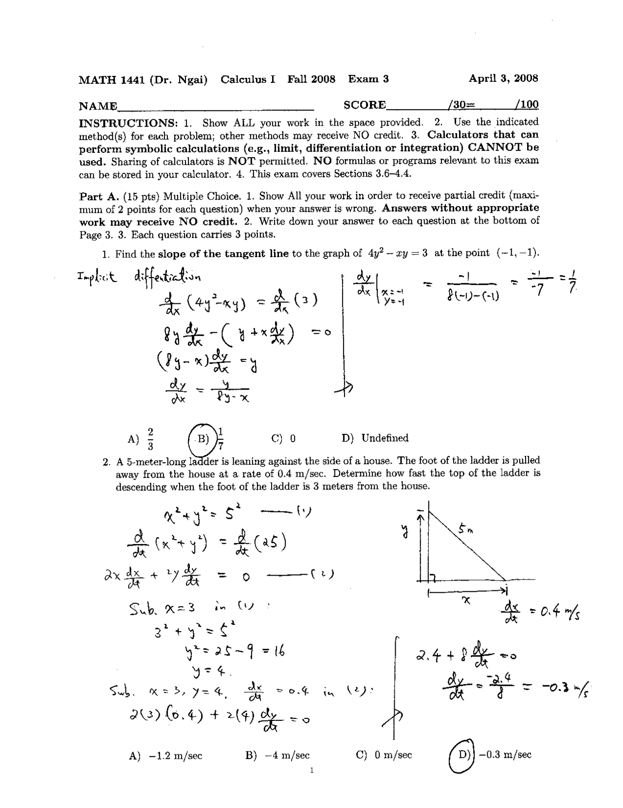 Exam 3 Questions On Calculus I With Resolution Math 1441 Docsity