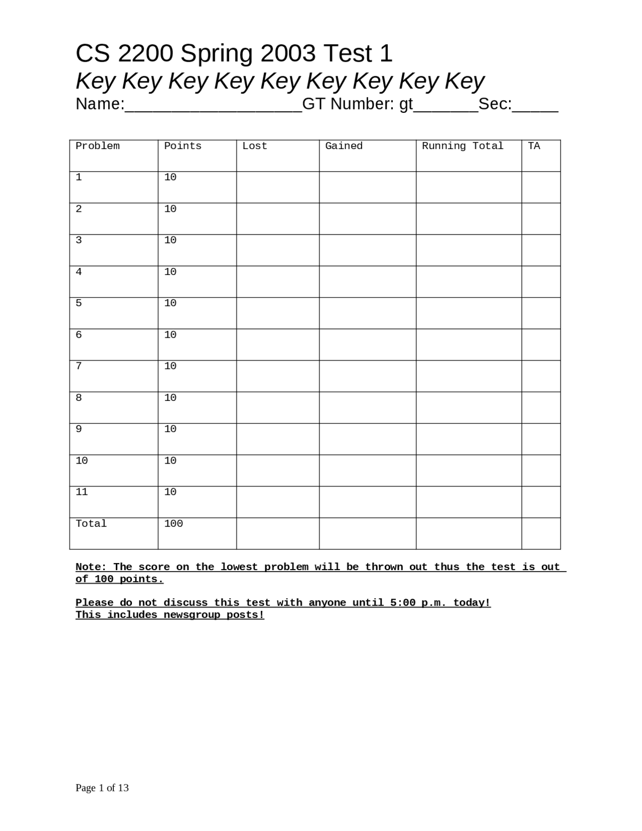Test 1 Answer Key | Systems and Networks | CS 2200 - Docsity