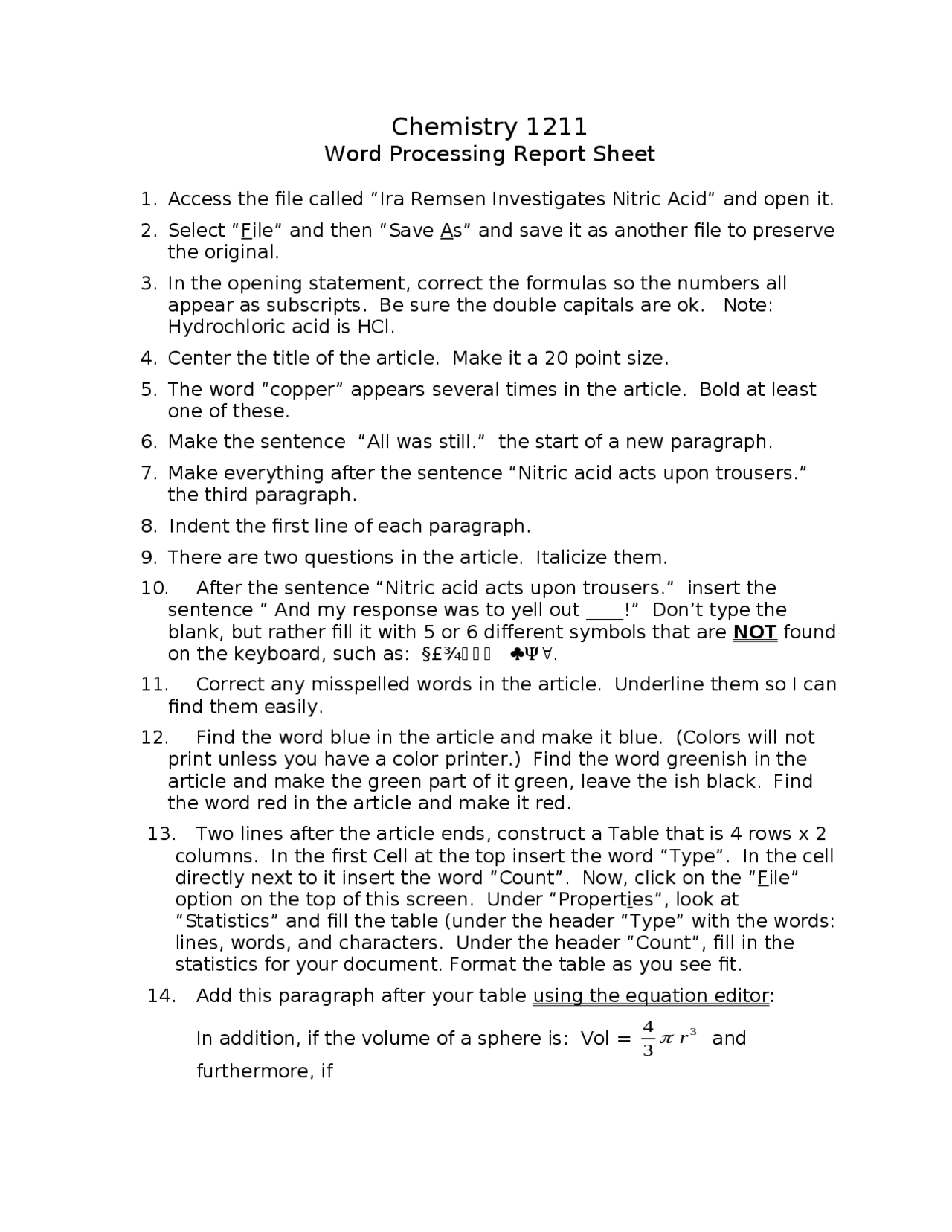 Word Processing Report Sheet - Principles of Chemistry I | CHEM 1211 ...