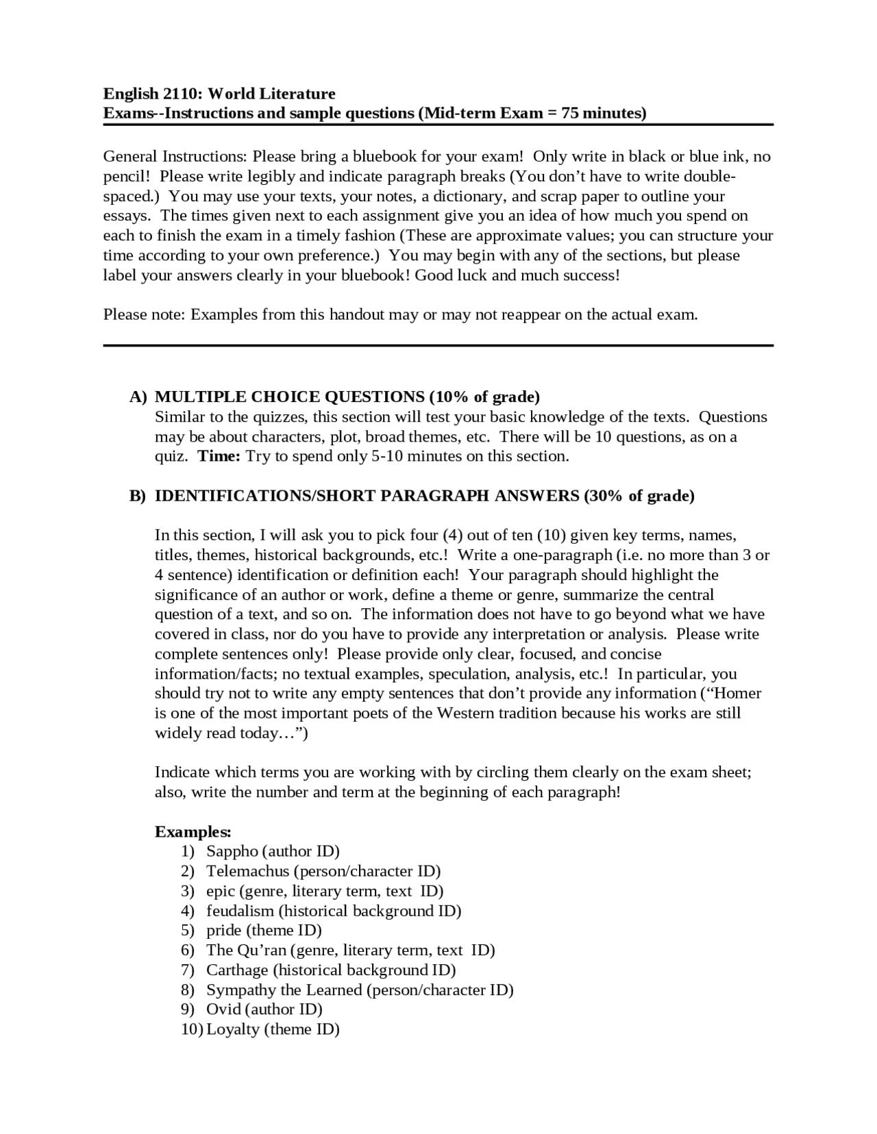 Study Guide for Exam for World Literature | ENGL 2110 - Docsity