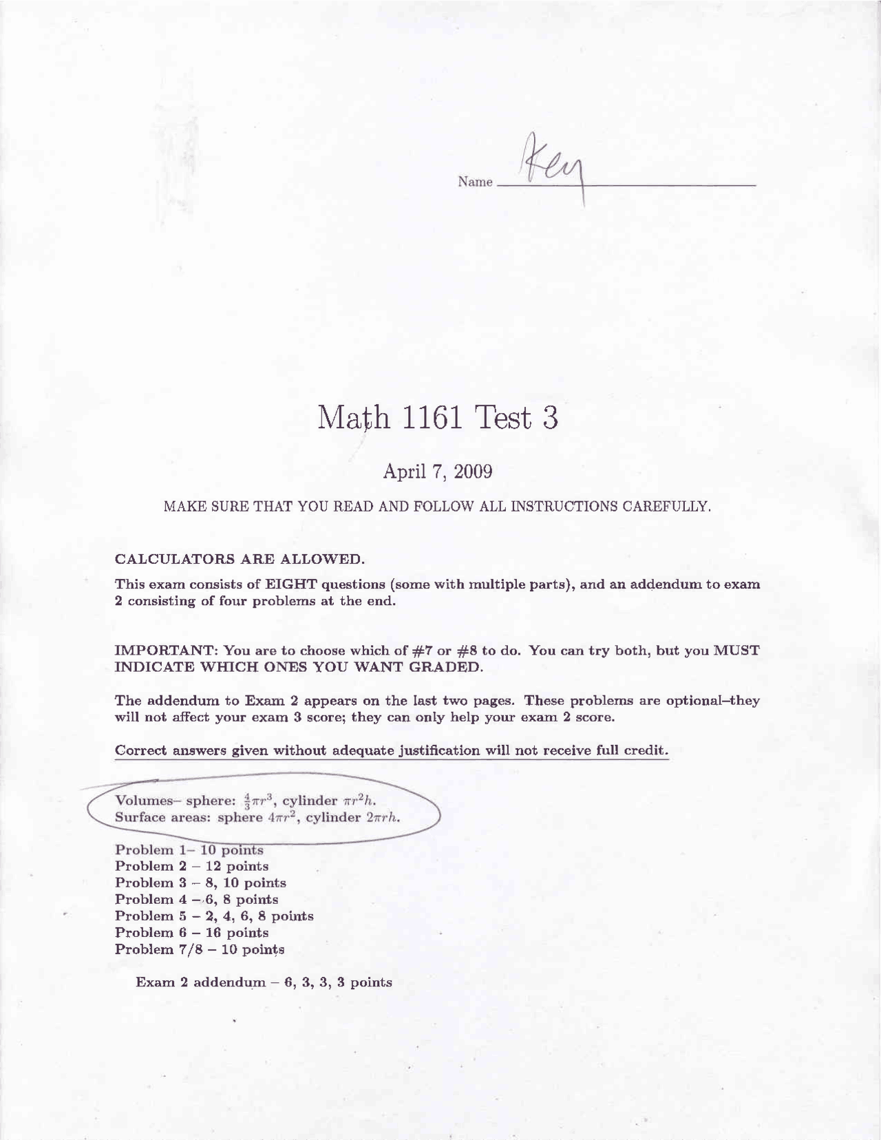 Exam With Solutions Key Calculus I Math 1161 Docsity