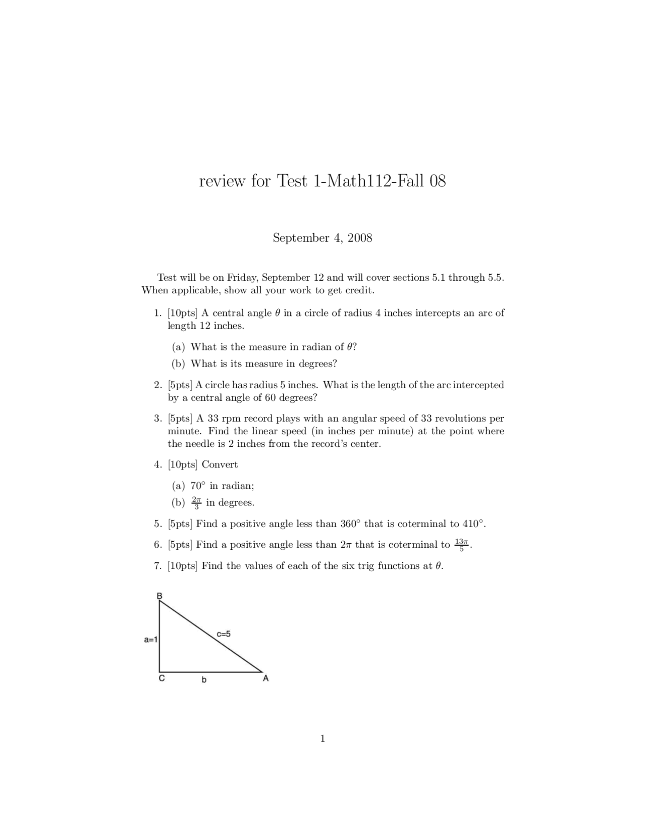 14 Questions of Trigonometry-Hybrid - Exam 1 | MATH 1112 - Docsity