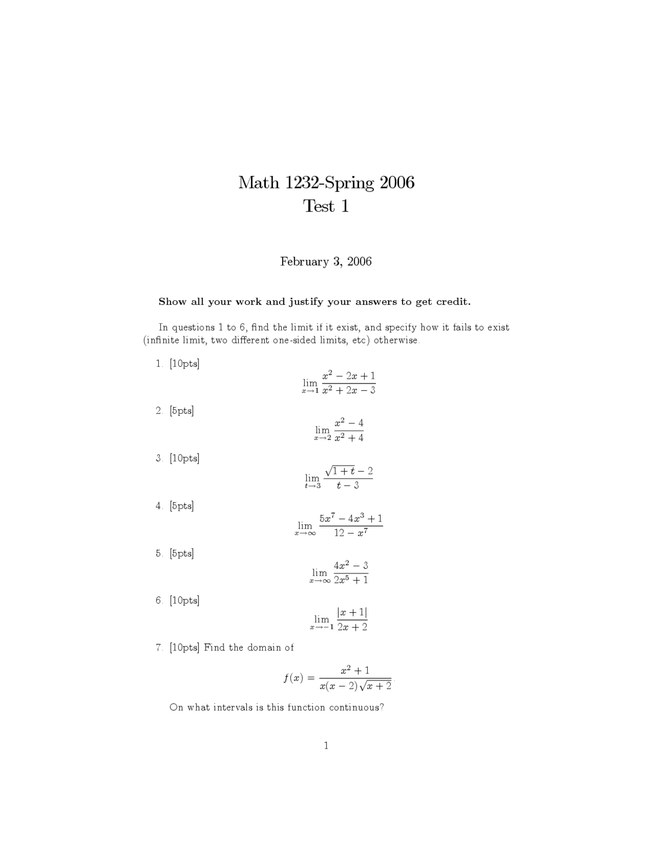 10 Questions On Survey Of Calculus Calculus I Math 1232 Docsity