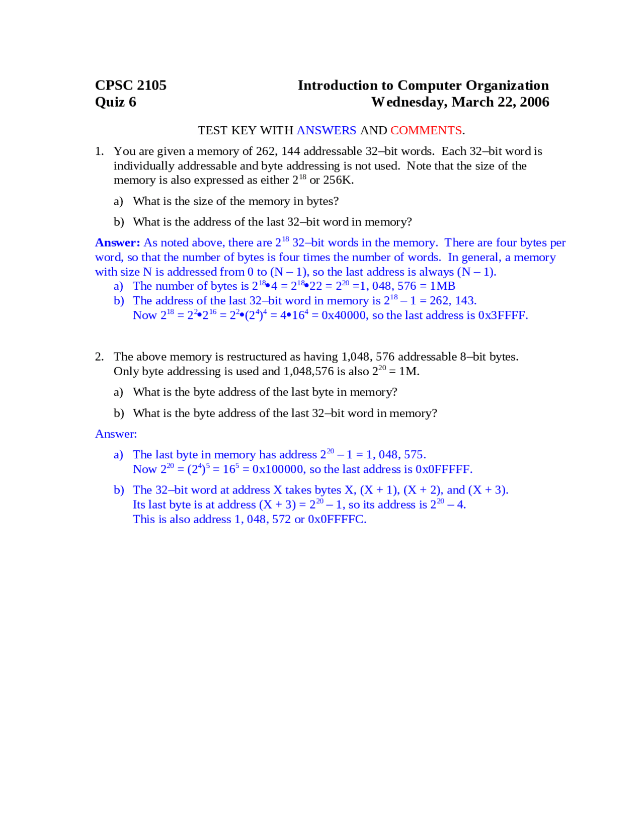Quiz 6 Test Key With Answers And Comments Cpsc 2105 Docsity