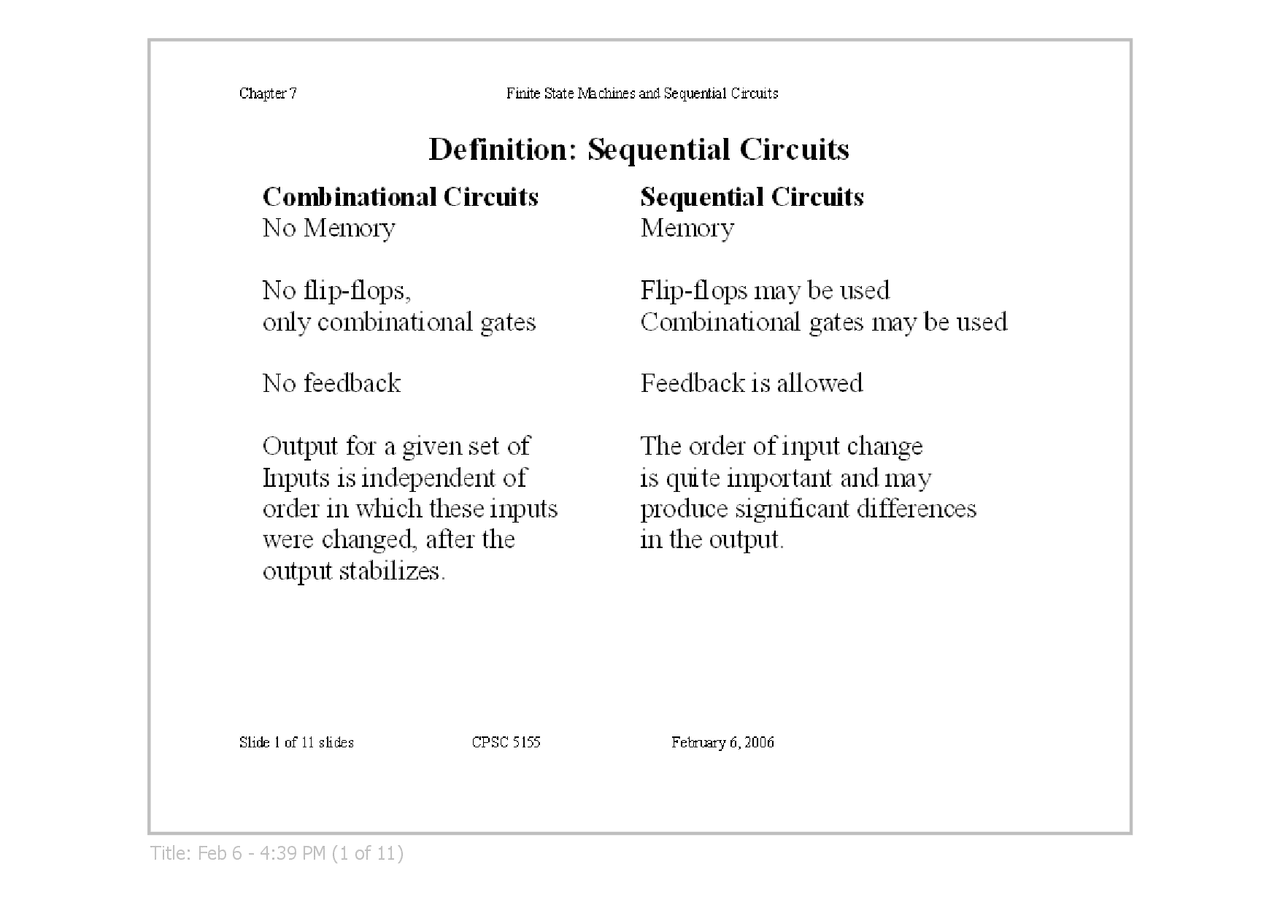 Combinational Vs Sequential Circuits Lecture Notes Cpsc 5155u Docsity