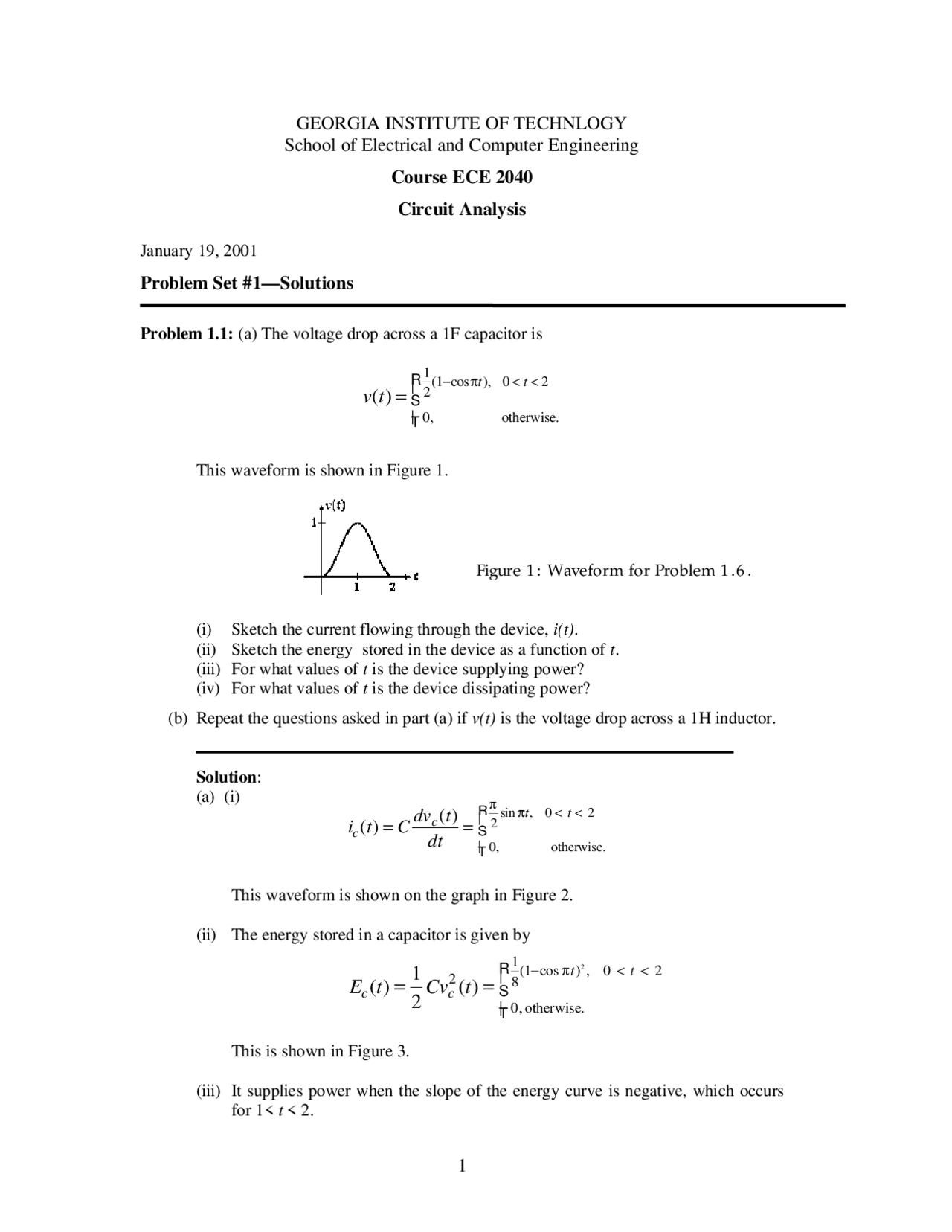 Problem Set #1 with Solutions - Circuit Analysis | ECE 2040 - Docsity