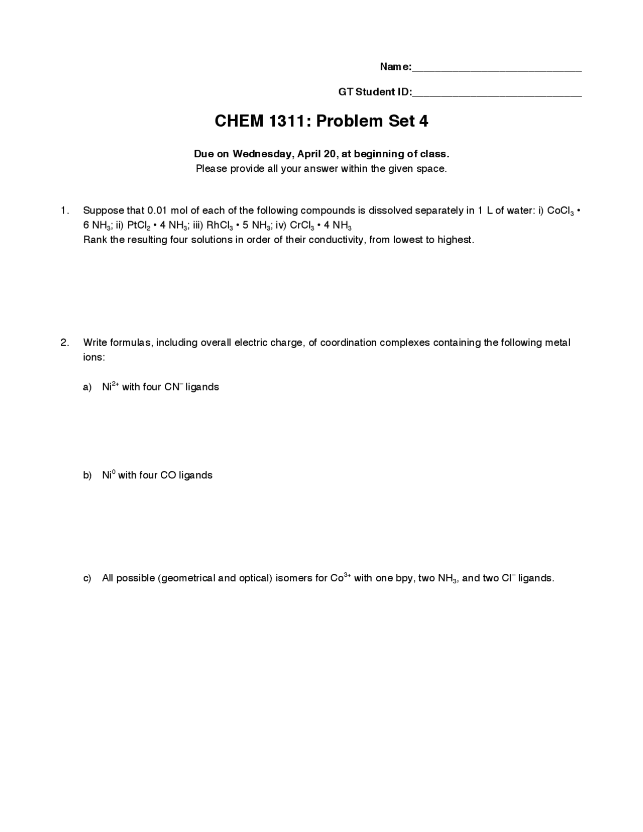 10 Problems In Assignment For Inorganic Chemistry I Chem 1311 Docsity