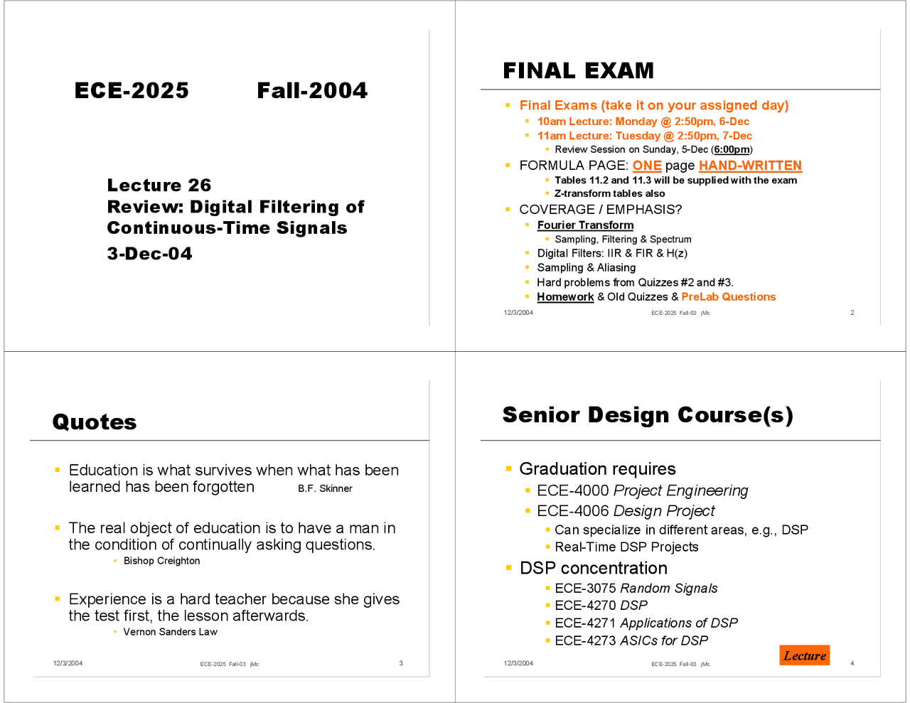 Digital Filtering Of Continuous Time Signals Review Lecture Ece