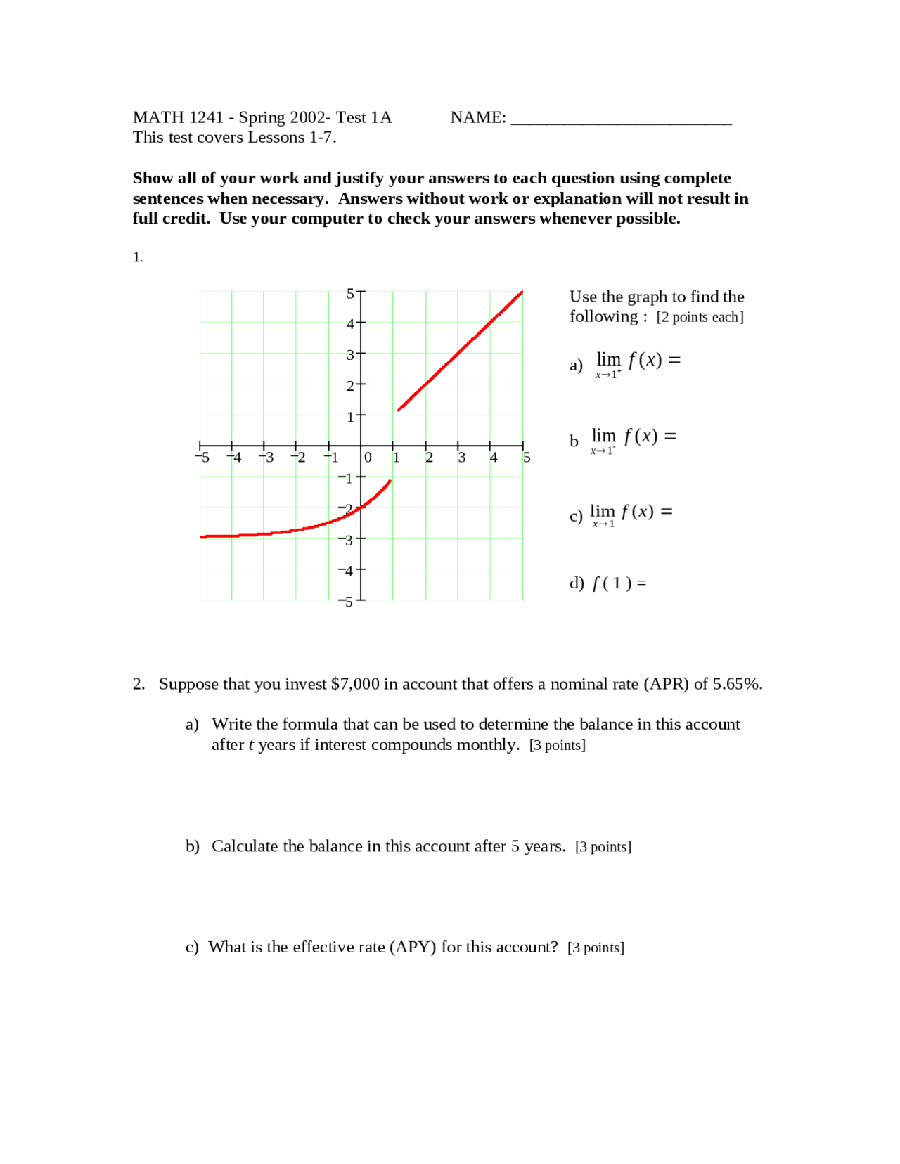 Practice Exam 1 Survey Of Calculus Math 1241 Docsity