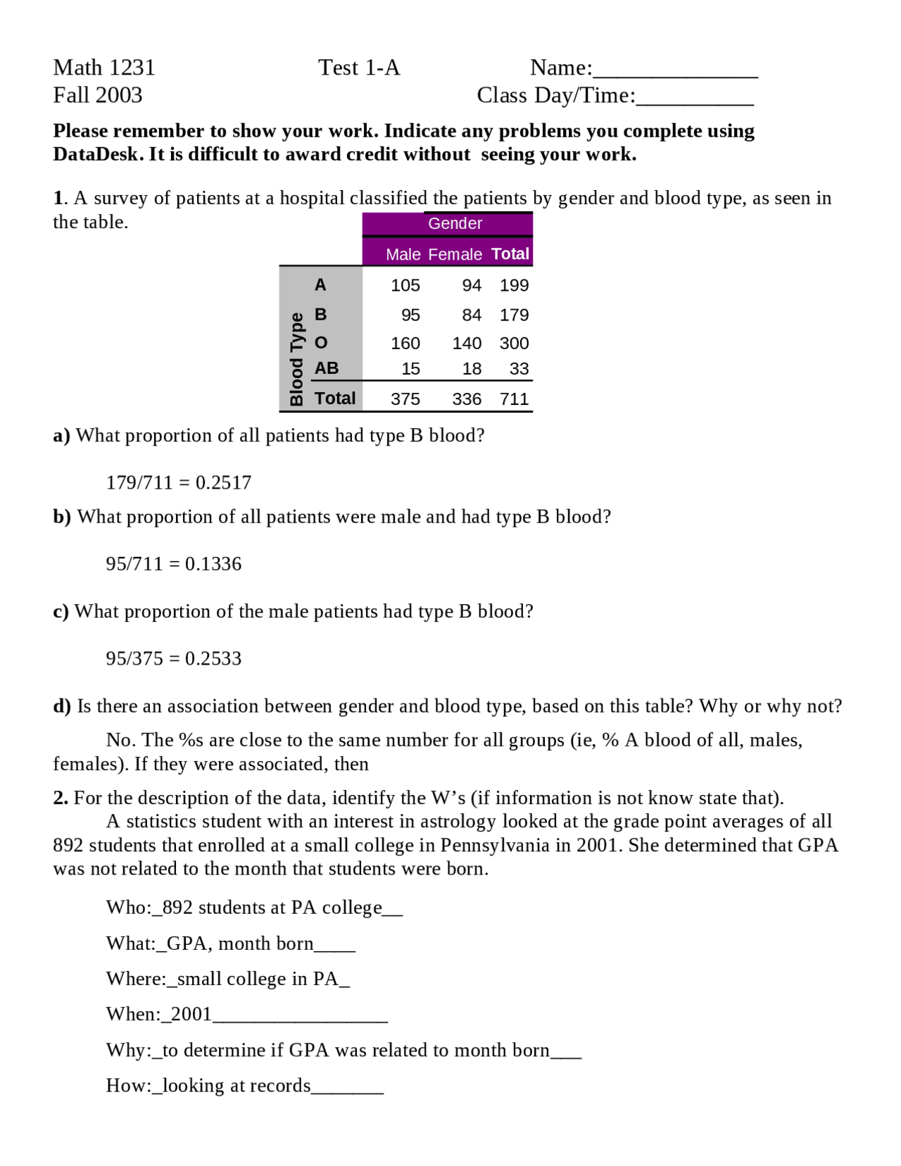 Test One Solutions For Introductory Statistics Math 1231 Docsity