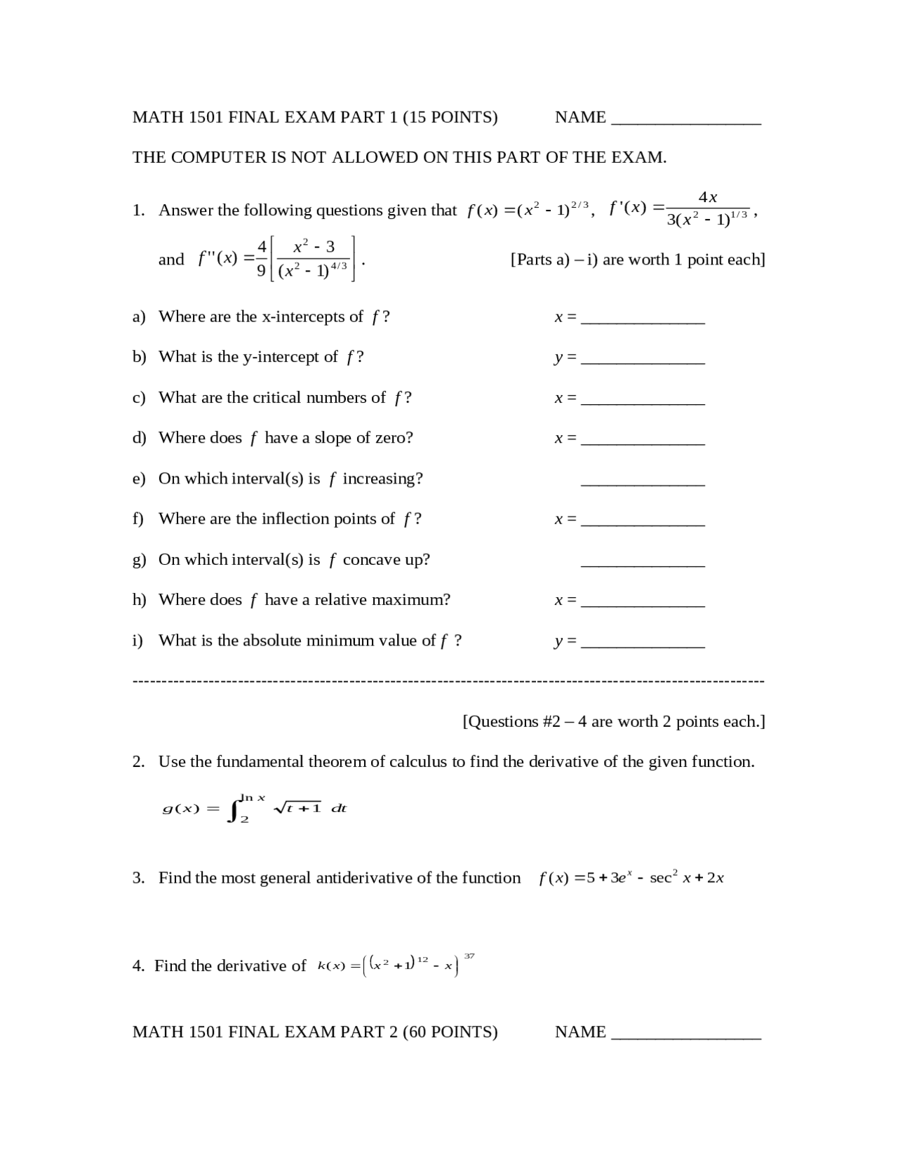 13 Questions On Calculus I Final Examination Math 1501 Docsity