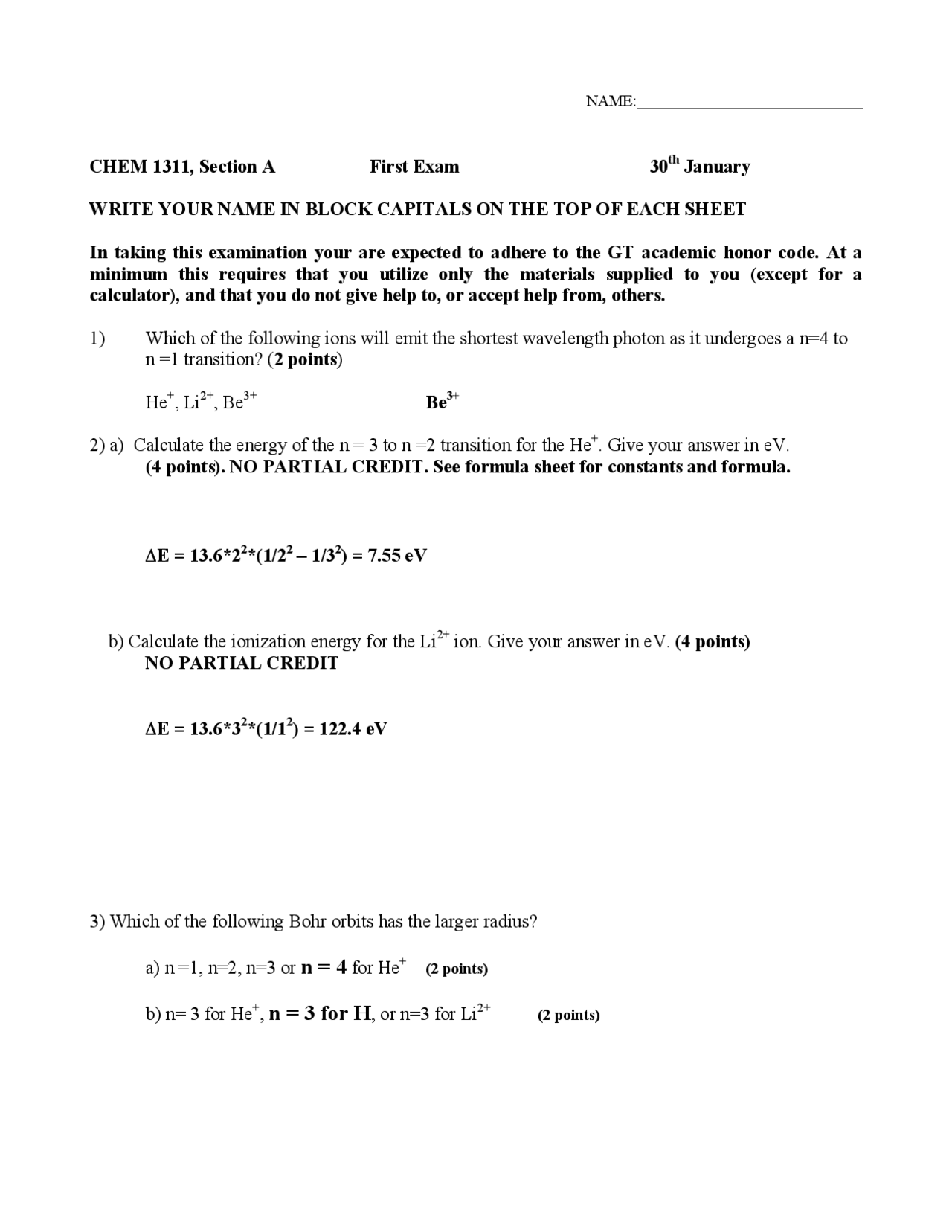 Solved First Exam Inorganic Chemistry I Chem 1311 Docsity