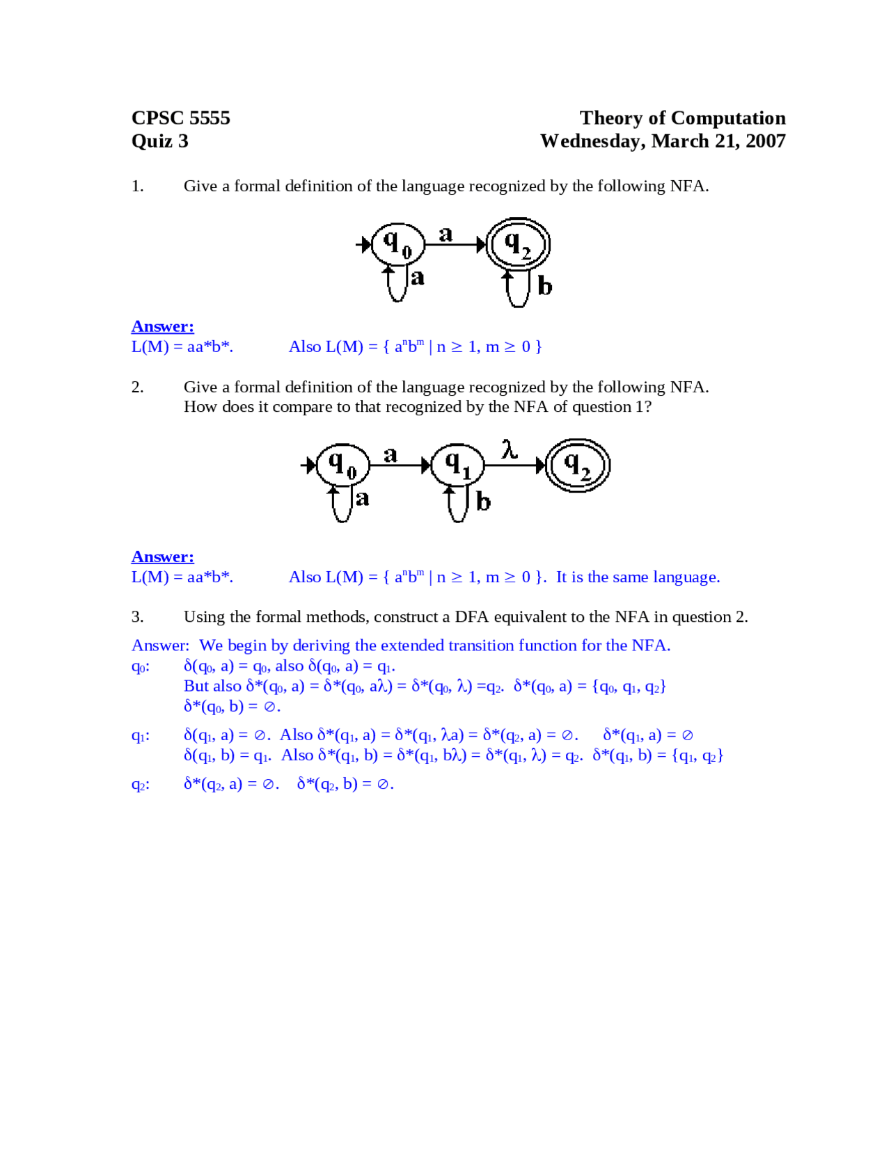 Quiz 3 For Theory Of Computation Cpsc 5555u Docsity