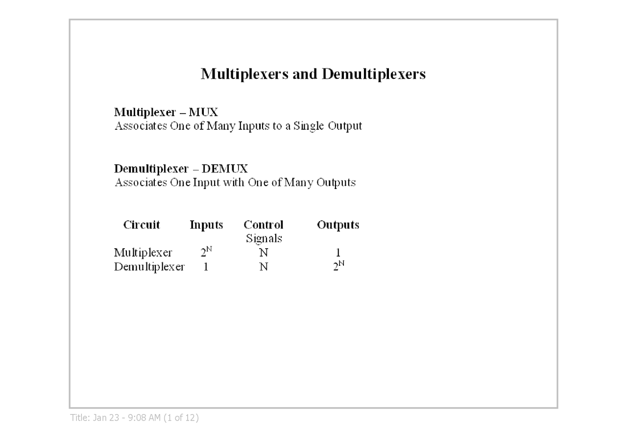Lecture Slides on Multiplexers and Demultiplexers | CPSC 5155U - Docsity