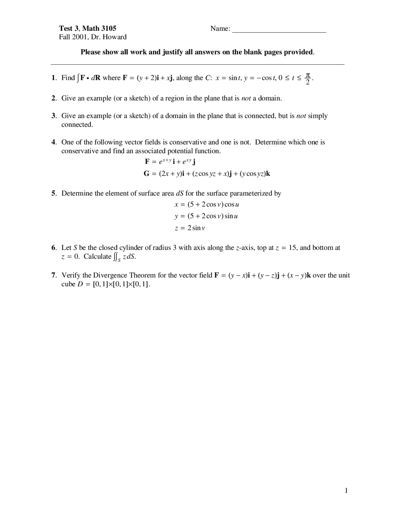 Practice Problems for Exam 3 - Vector Analysis | MATH 3105 - Docsity