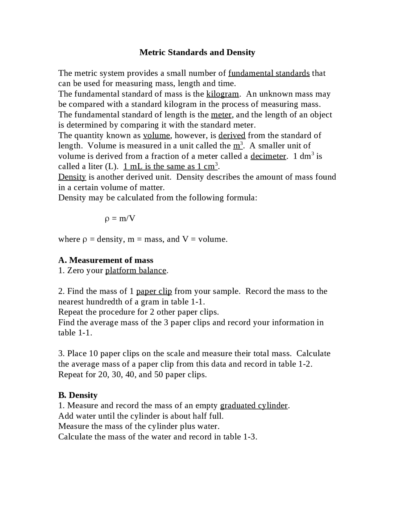Metric Standards and Density - Physical Science Laboratory | SCI 3110L ...