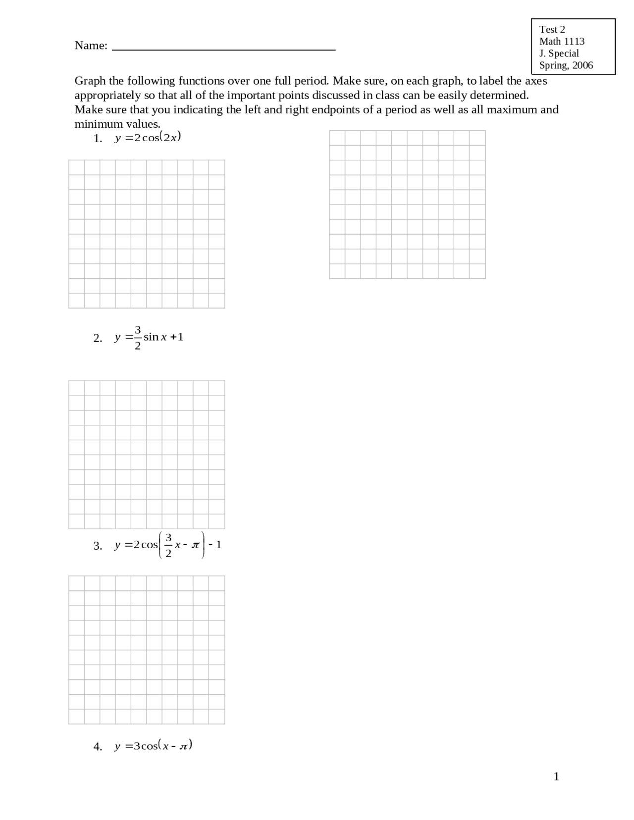 5 Questions Test #2 - Pre-Calculus | MATH 1113 - Docsity