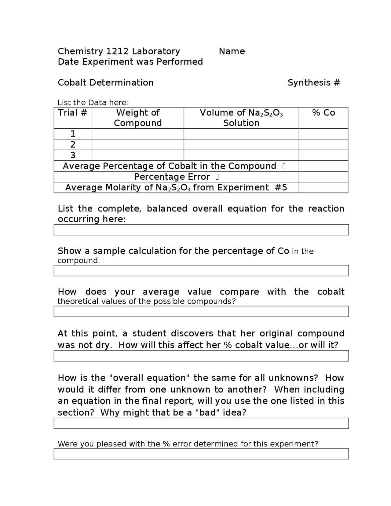 Lab For Cobalt Determination Synthesis Principles Of Chemistry Ii Chem 1212 Docsity