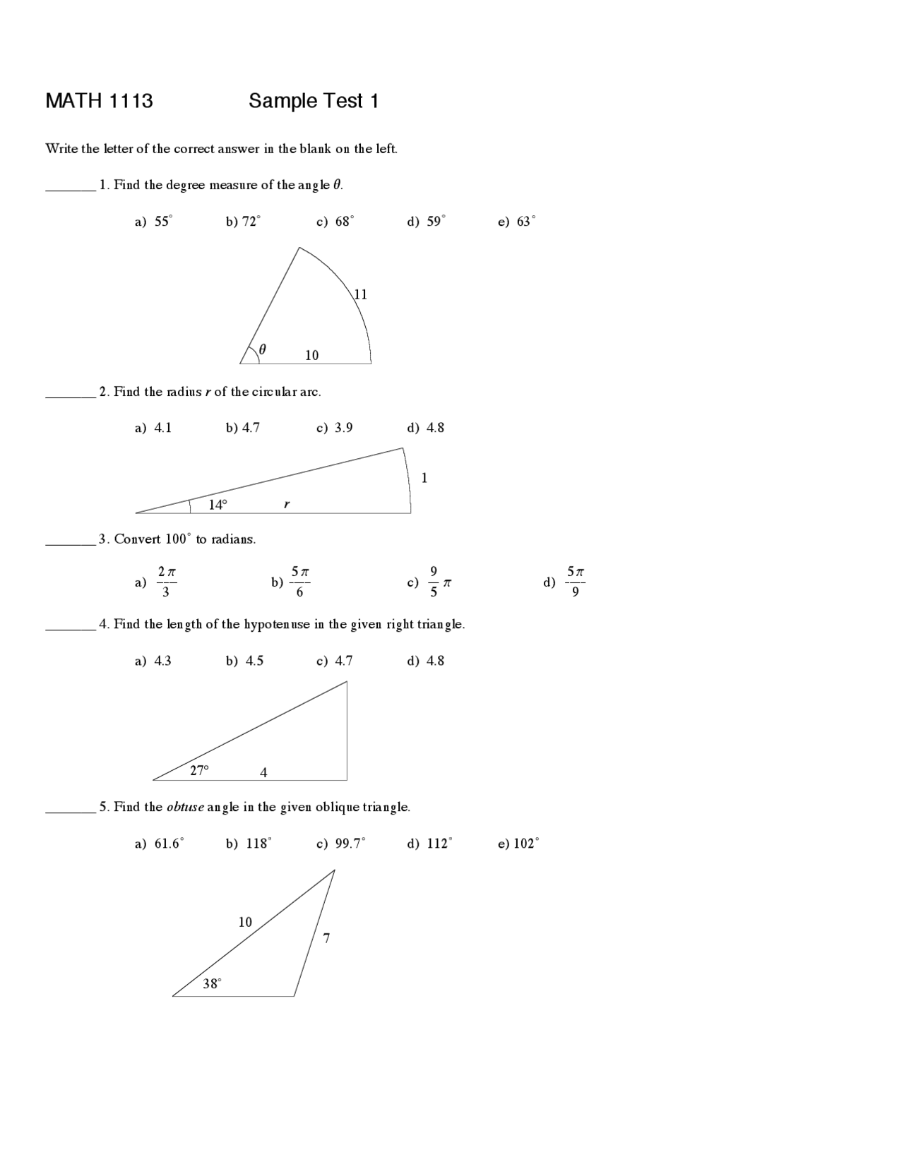 Sample Test 1 Questions Precalculus Mathematics Math 1113 Docsity