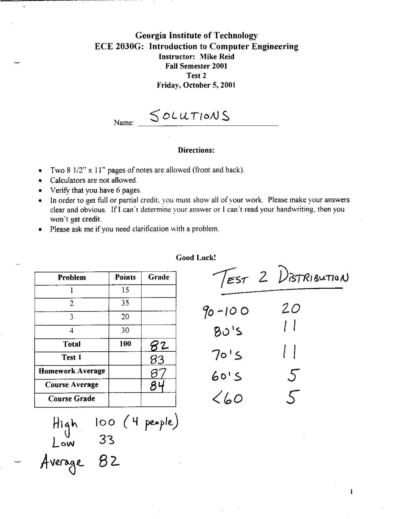 Exam 2 With Solution Introduction To Computer Engineering Ece 2030