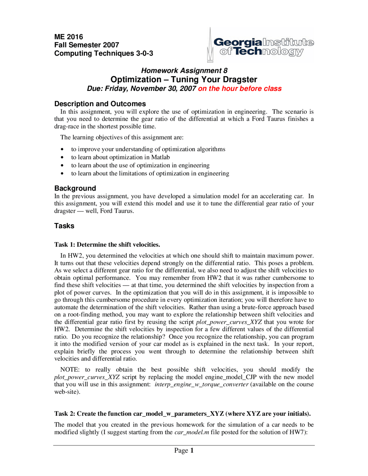 Optimization - Tuning Your Dragster - Assignment 8 | Computing Techniques | ME 2016 - Docsity