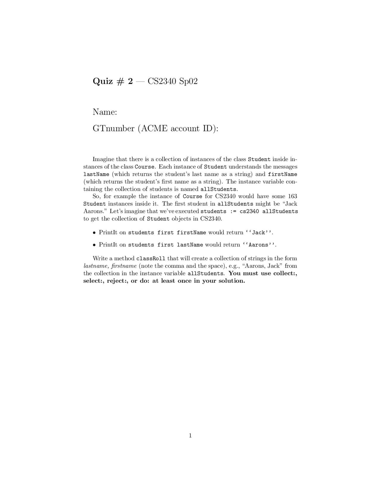 Quiz 2 Sample Questions - Objects and Design | CS 2340 - Docsity