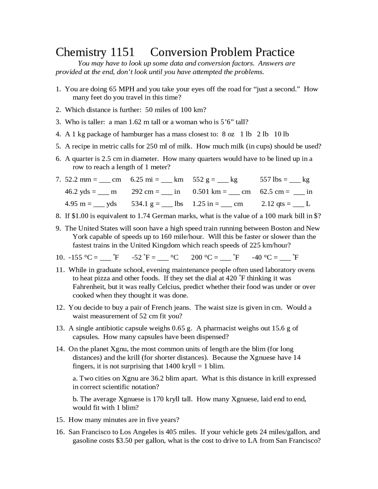 21 Questions With Solutions For Survey Of Chemistry I Chem 1151 Docsity