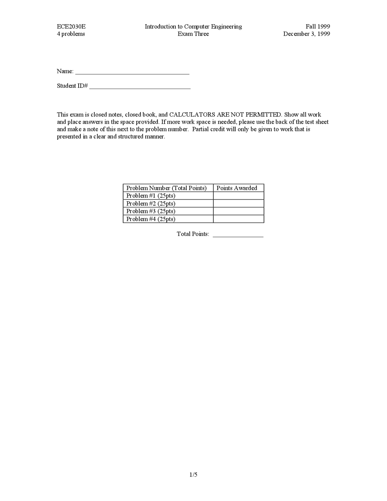 Examination 3 With Solutions Introduction To Computer Engineering Ece 2030 Docsity