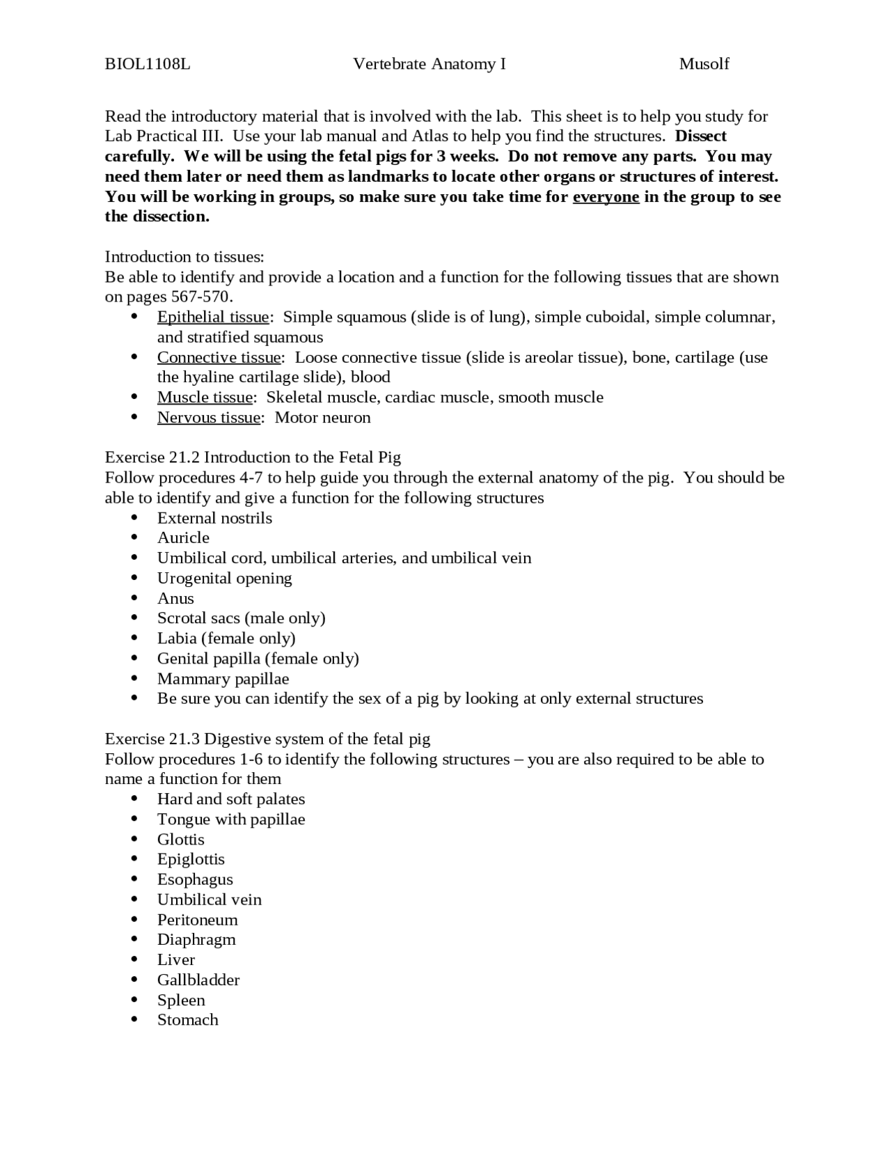 Lab Report - Vertebrate Anatomy I - Principles of Biology II | BIOL ...