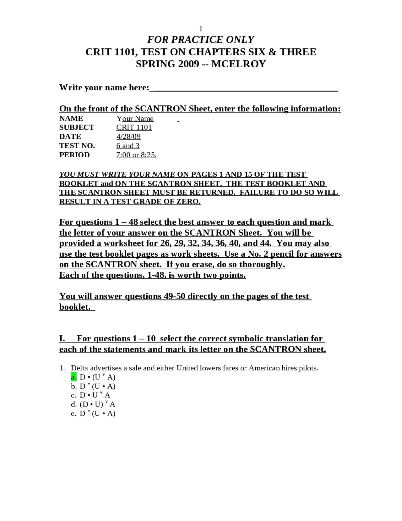 MCQs with Answers for Critical Thinking | CRIT 1101 - Docsity
