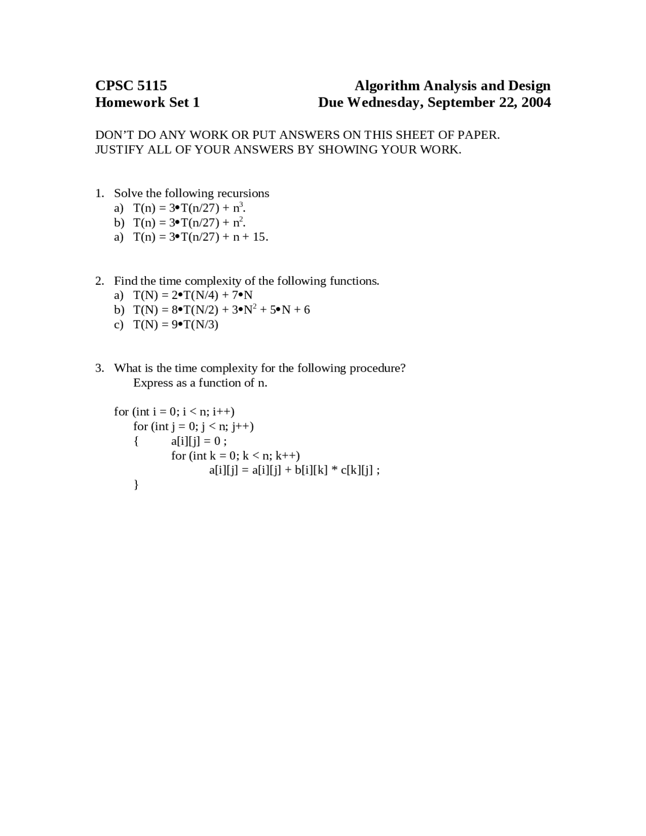 Homework Set 1 Algorithm Analysis And Design Cpsc 5115g Docsity