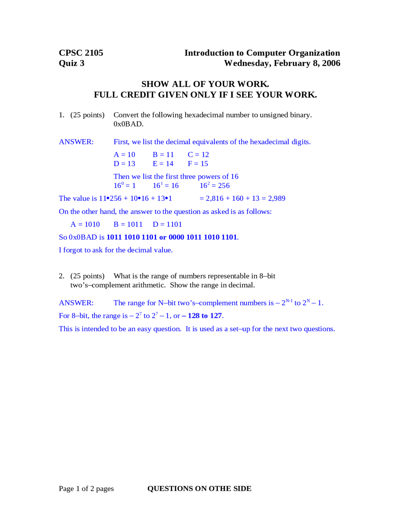4 Solved Questions For Quiz 3 Computer Organization Cpsc 2105 Docsity