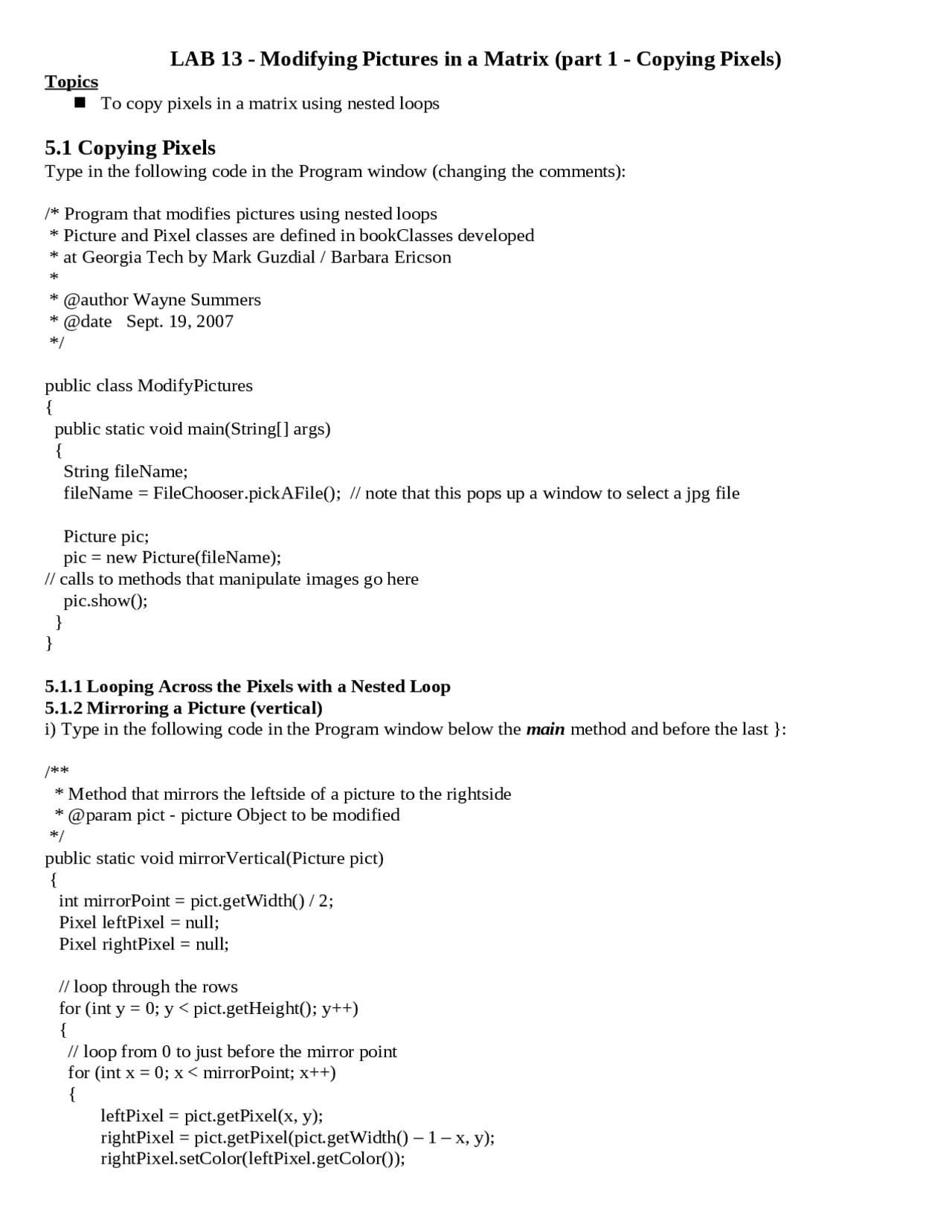 Lab 13 Modifying Pictures In A Matrix Part 1 Cpsc 1301 Docsity