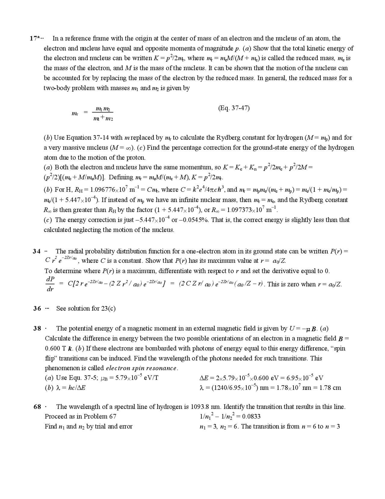 Physics Problem Solving: Reduced Mass, Rydberg, Radial Probability, Magnetic Moment ...