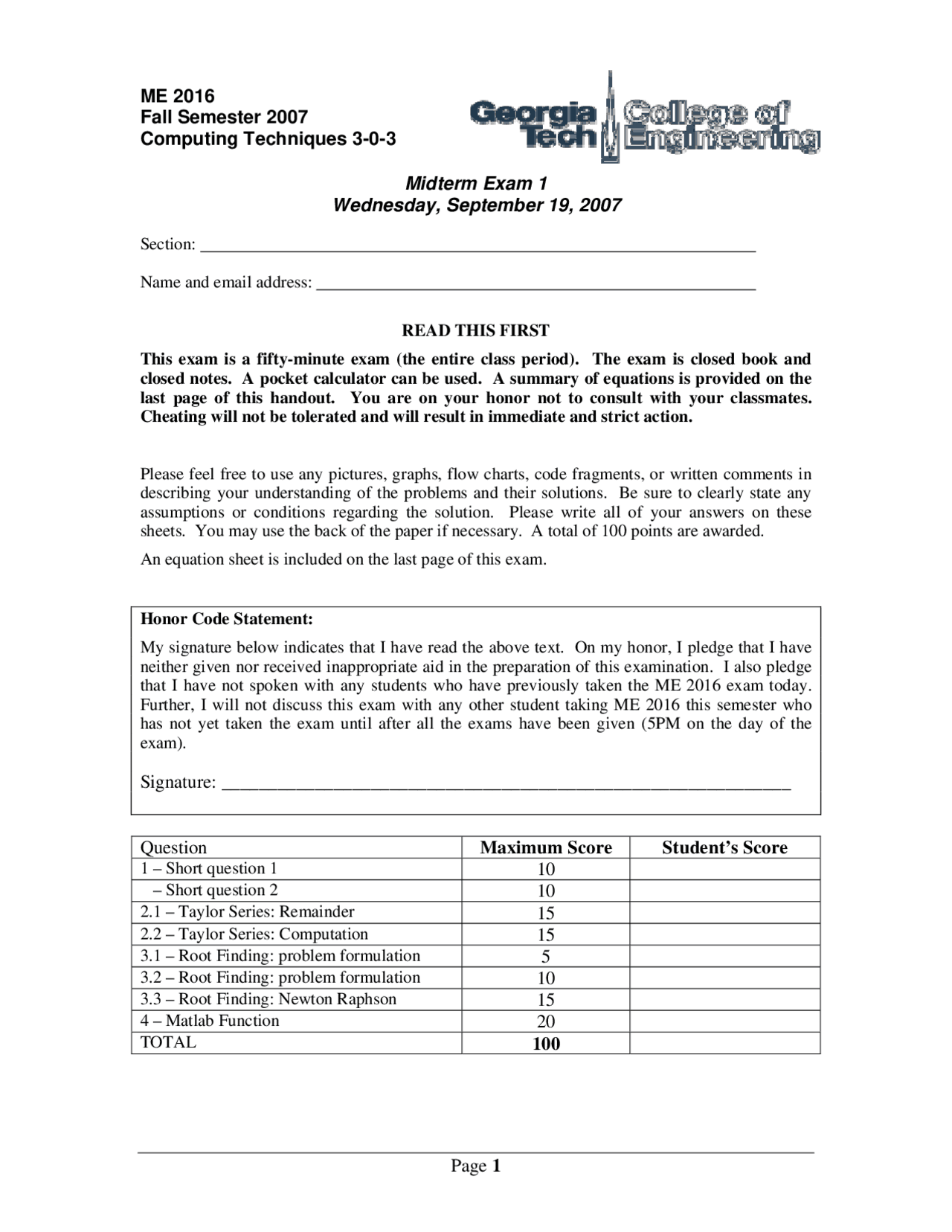 Midterm Exam 1 Questions - Computing Techniques - Fall 2007 | ME 2016 - Docsity