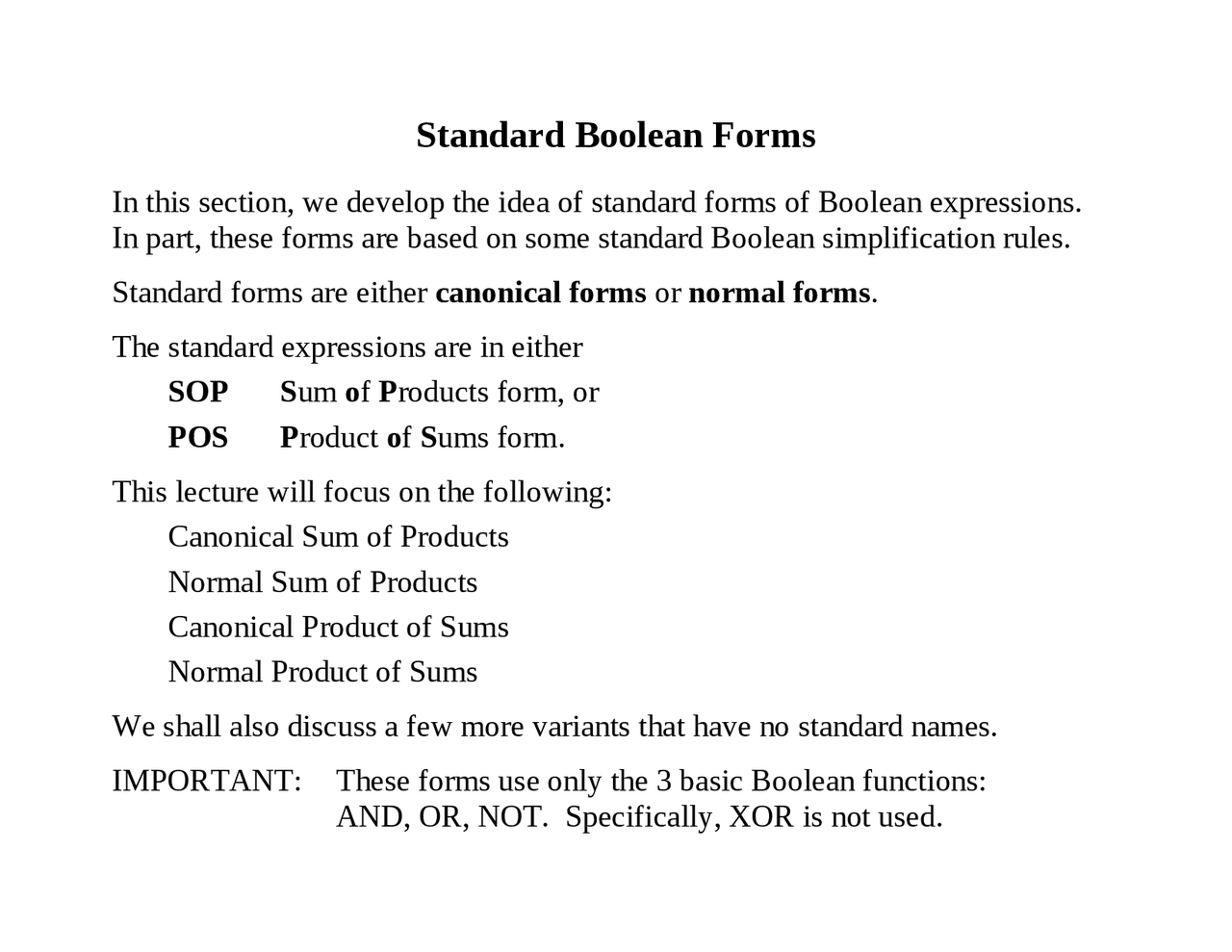 Standard Boolean Form, Variable and Literals, Product and Sum Terms ...