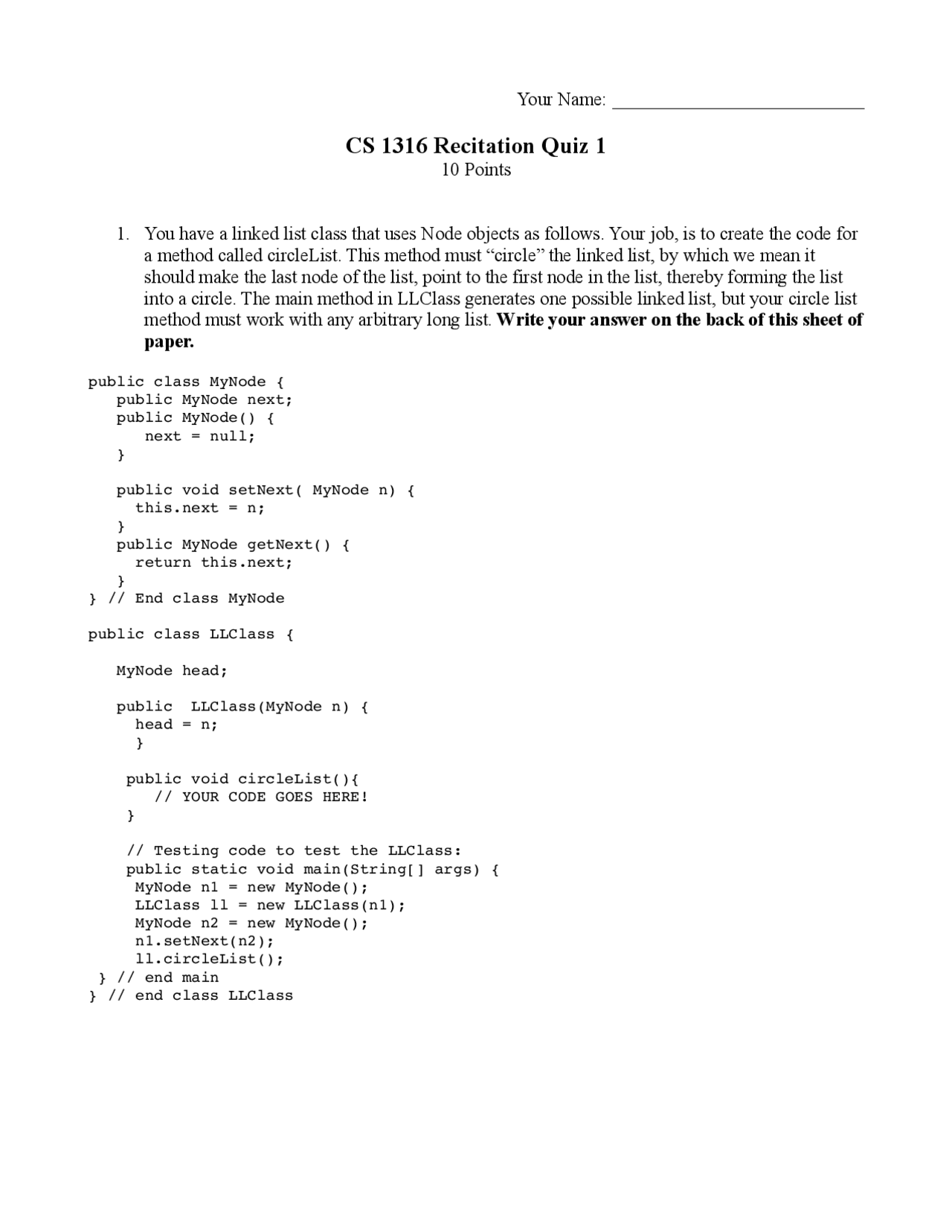 Recitation Quiz 1 Representing Structure And Behavior Cs 1316 Docsity