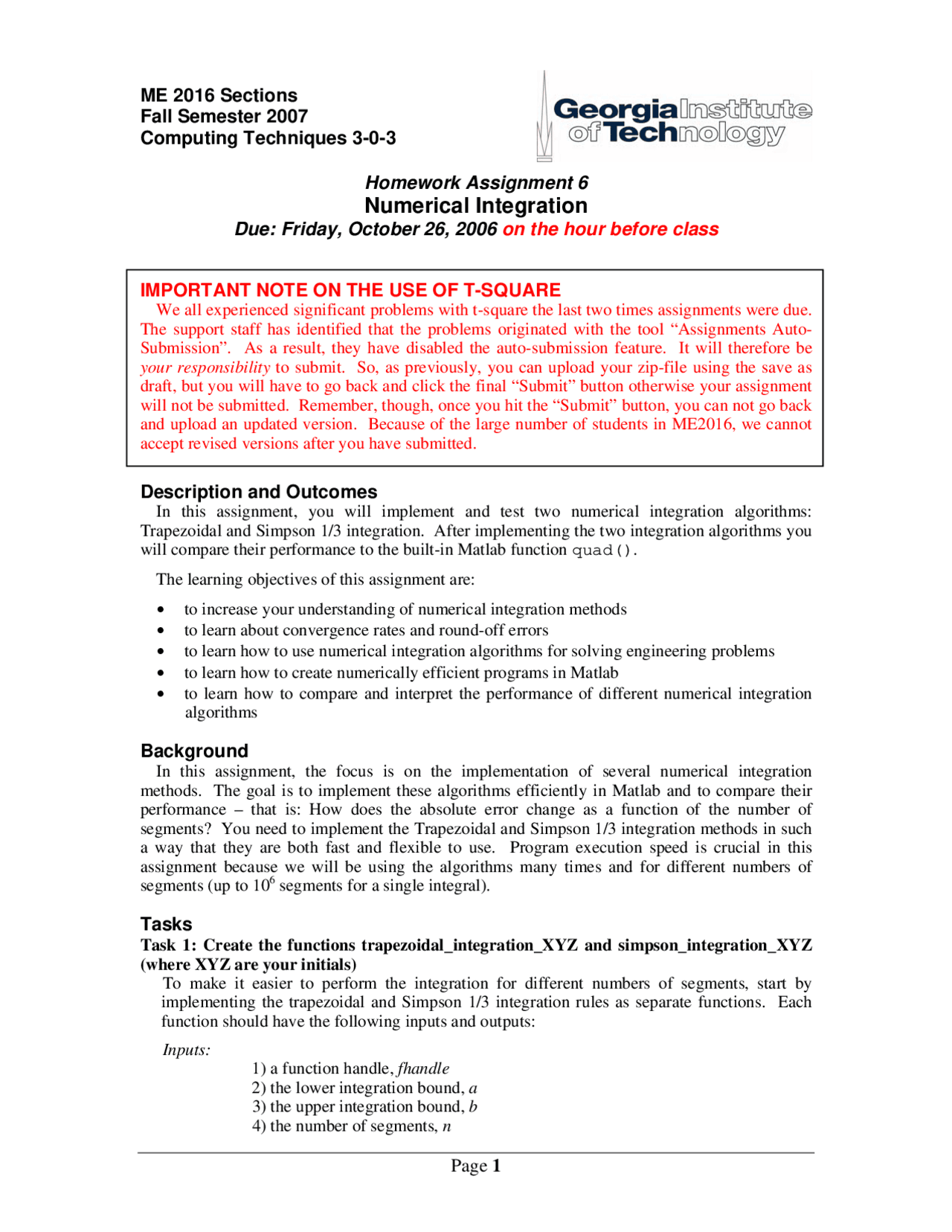 Numerical Integration Assignment 6 Me 2016 Docsity