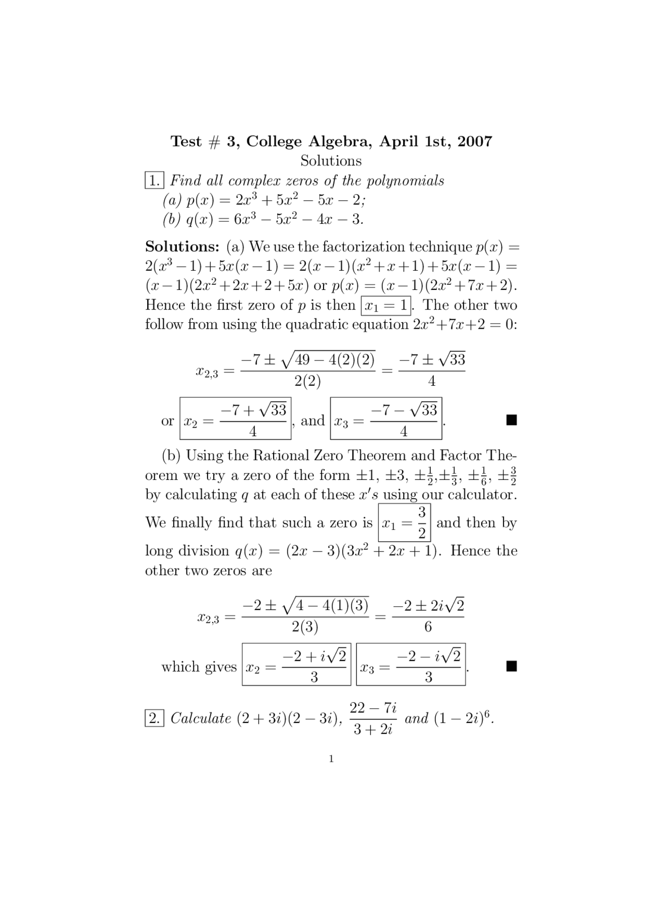 Examination 3 Solutions - College Algebra | MATH 1111 - Docsity