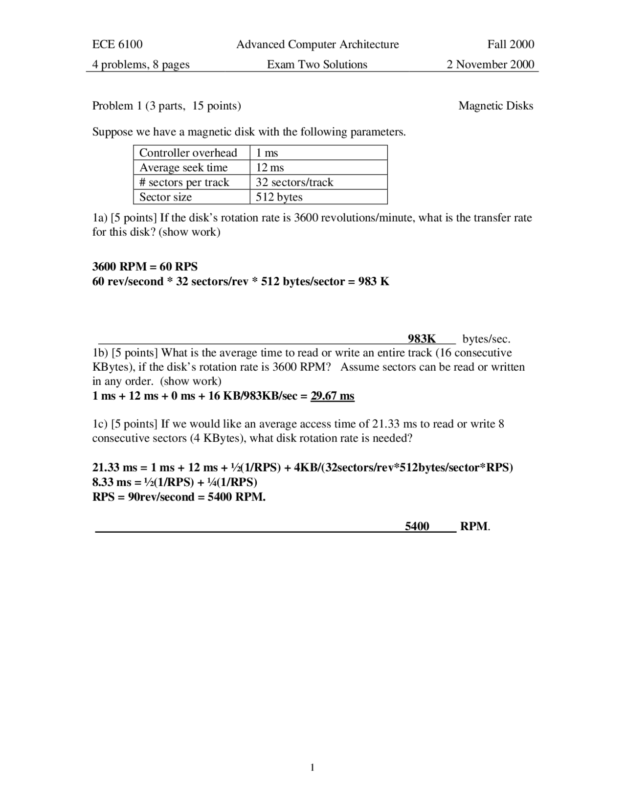 4 Solved Problems on Magnetic disk of Parameters - Exam 2 | ECE 6100 - Docsity