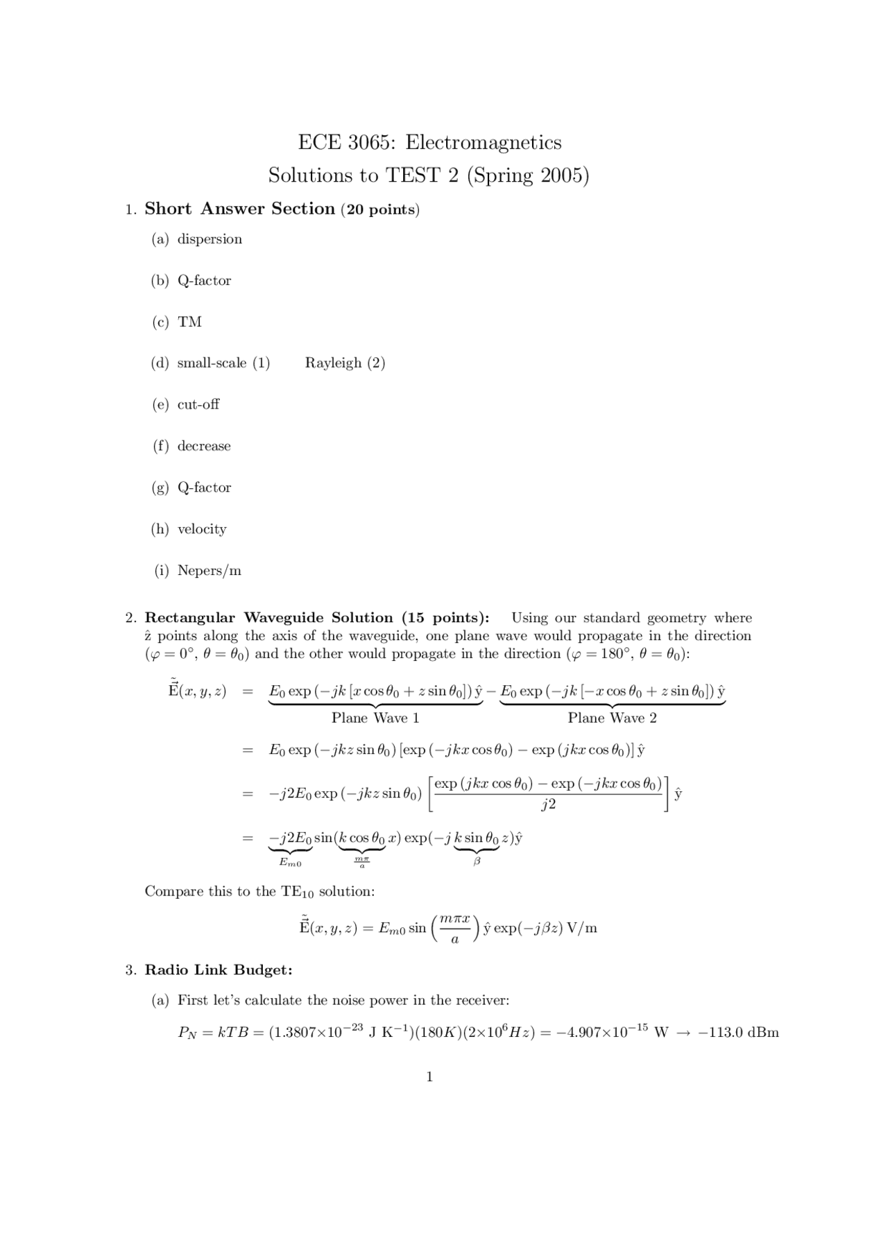 Solution To Test 2 For Electromagnetics Ece 3065 Docsity