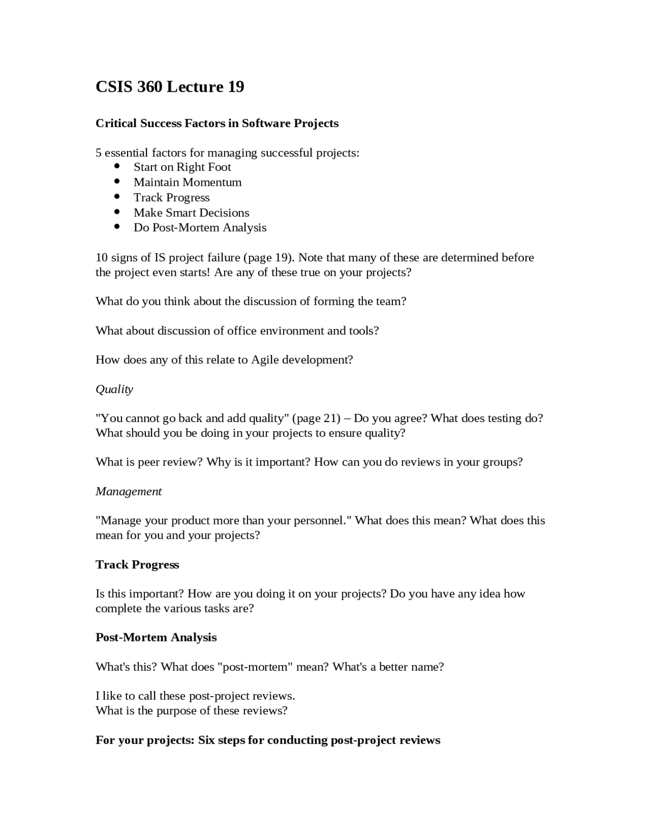 Critical Success Factors In Software Projects Lecture Notes Csis 360 Docsity